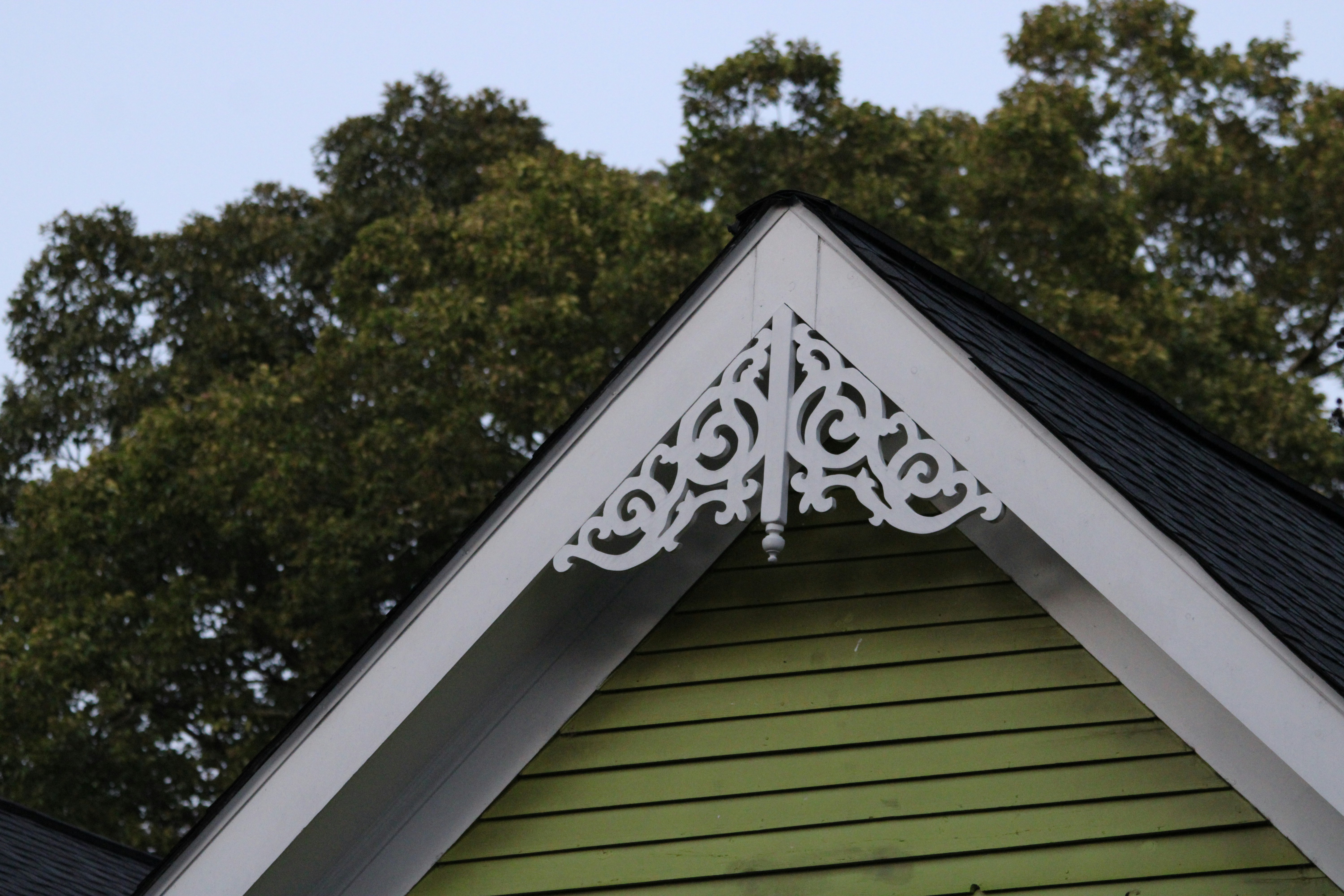 The top of a green wooden house with trees behind it in Atlanta, Georgia, USA. Photographed by Mark Stuckey.