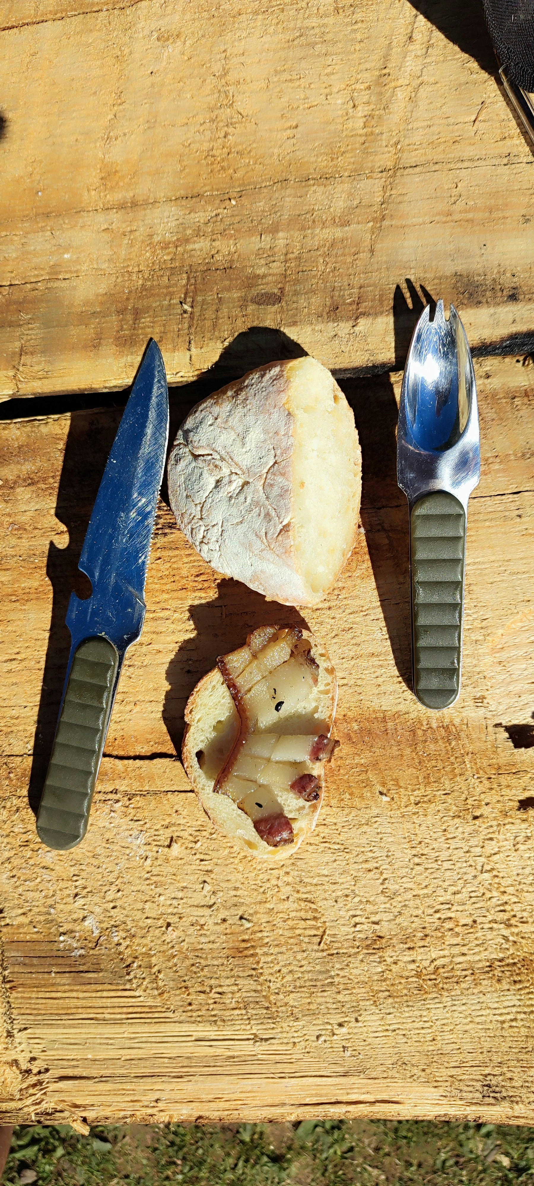 Crust Between Steel: A Sunlit Still-Life on Weathered Wood