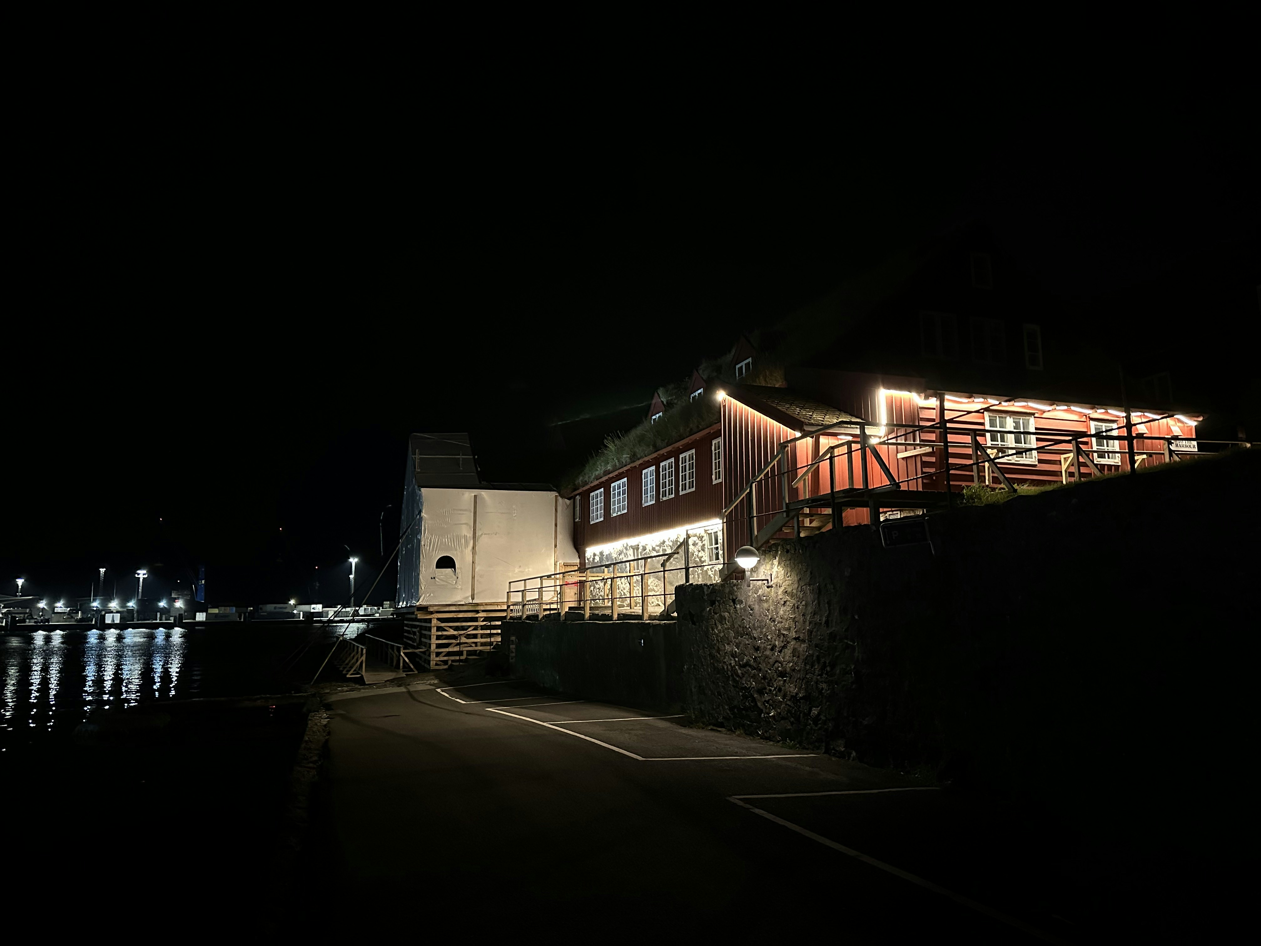 Nocturnal Timberline: Warm Lights Along the Harbor Wharf