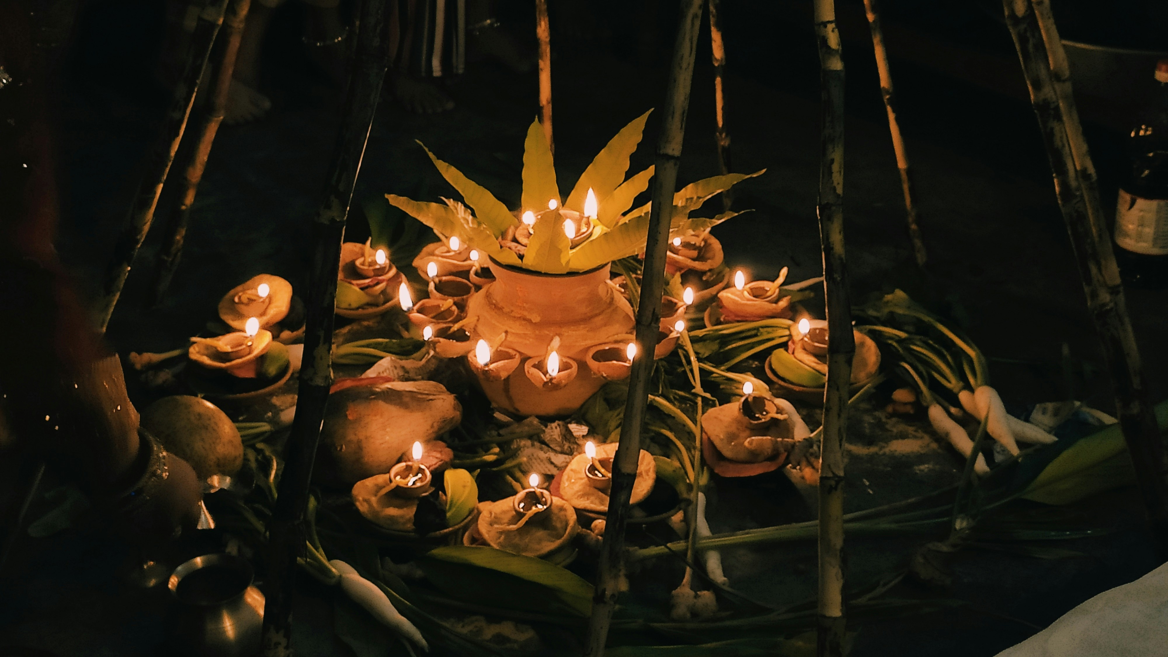 Diyas circle a central flame, resting on green leaves and petals with a warm glow. The scene emphasizes candlelight and a calm, ceremonial mood.