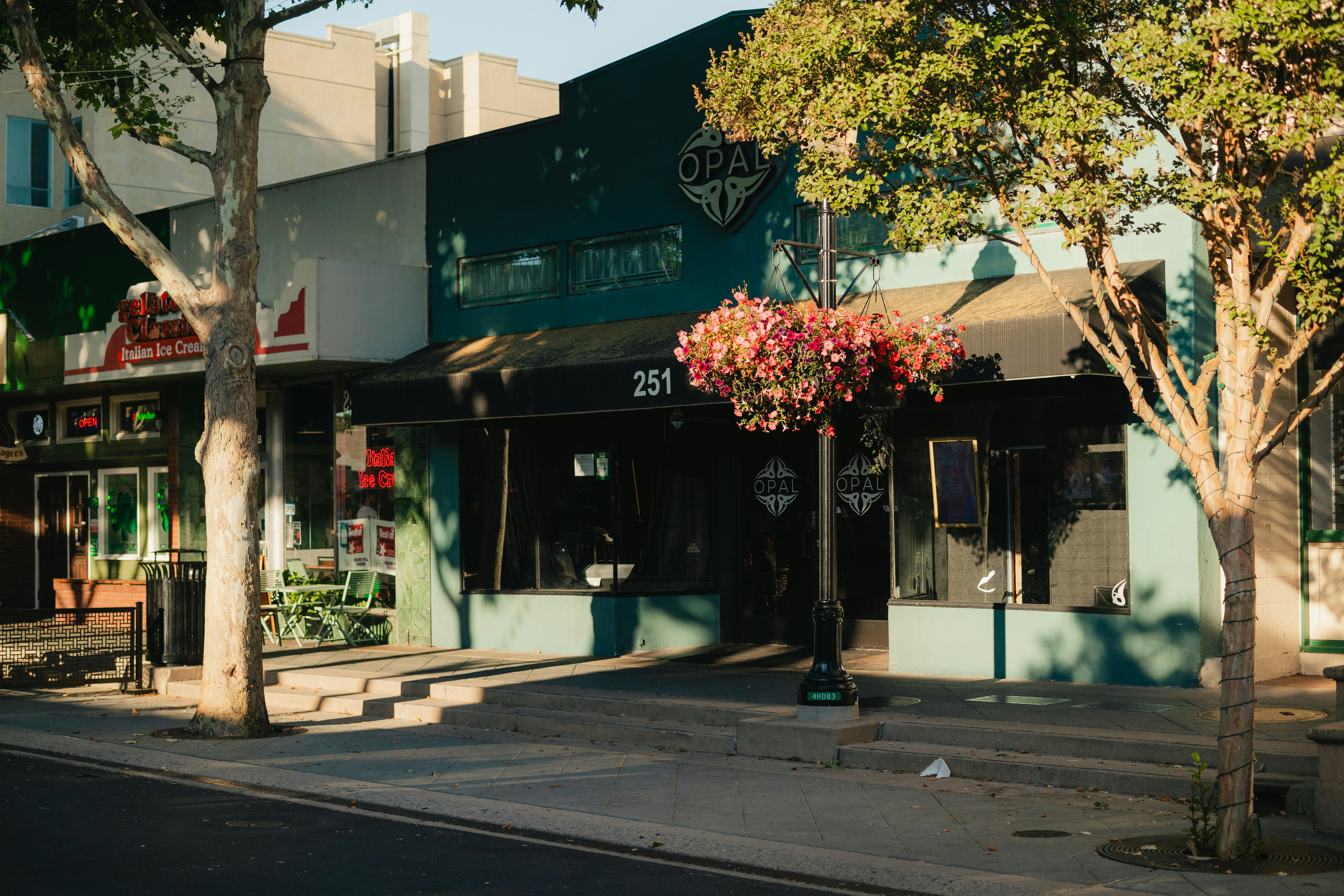 A street corner with a building and trees photo – Free Road Image on ...