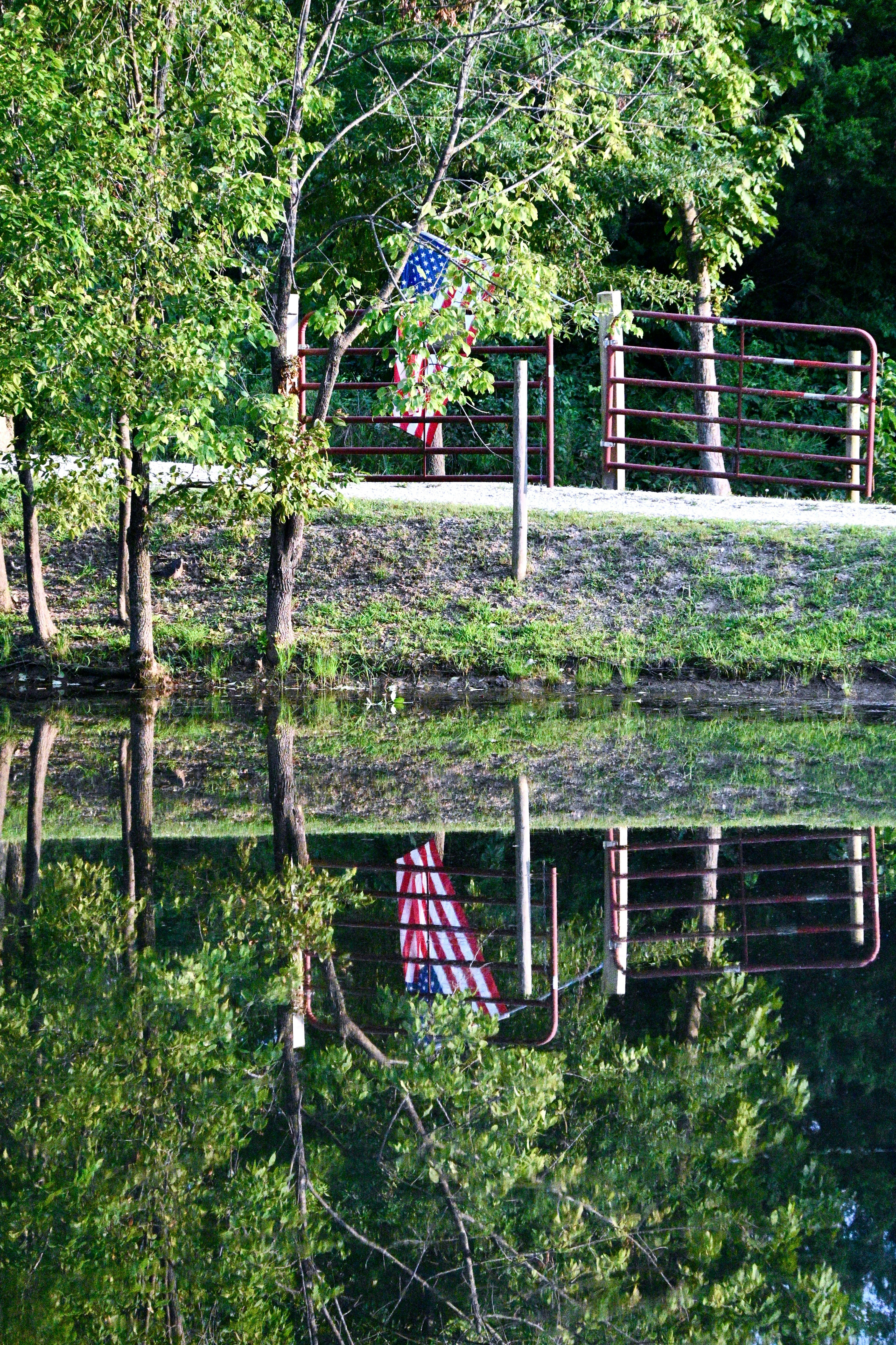 American flag reflection in a lake