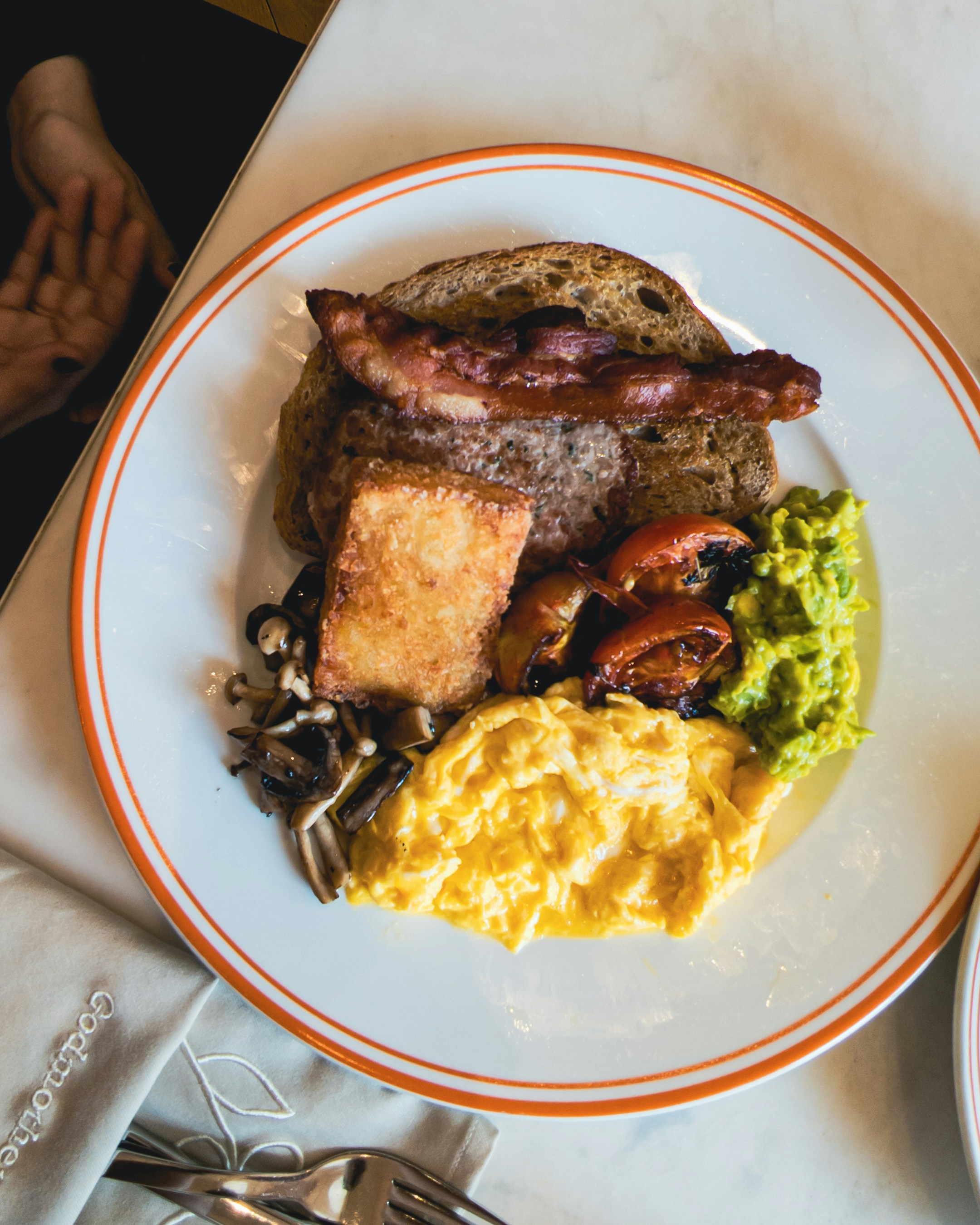 Morning Plate Sonata: Toast, Eggs, and Roasted Veggies on Marble