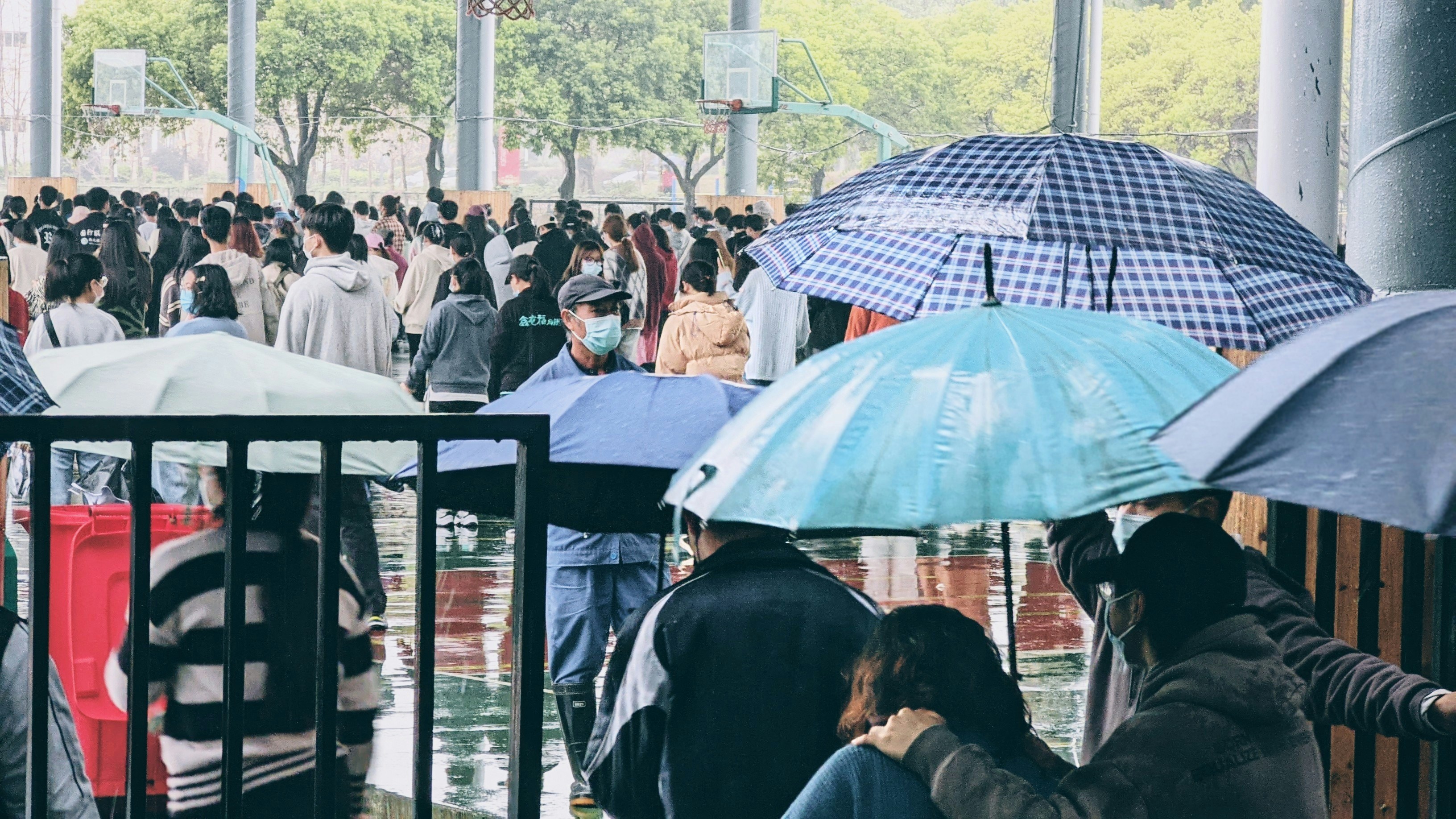 People with umbrellas wait in a line under a rainy sky, surrounded by trees and architecture.