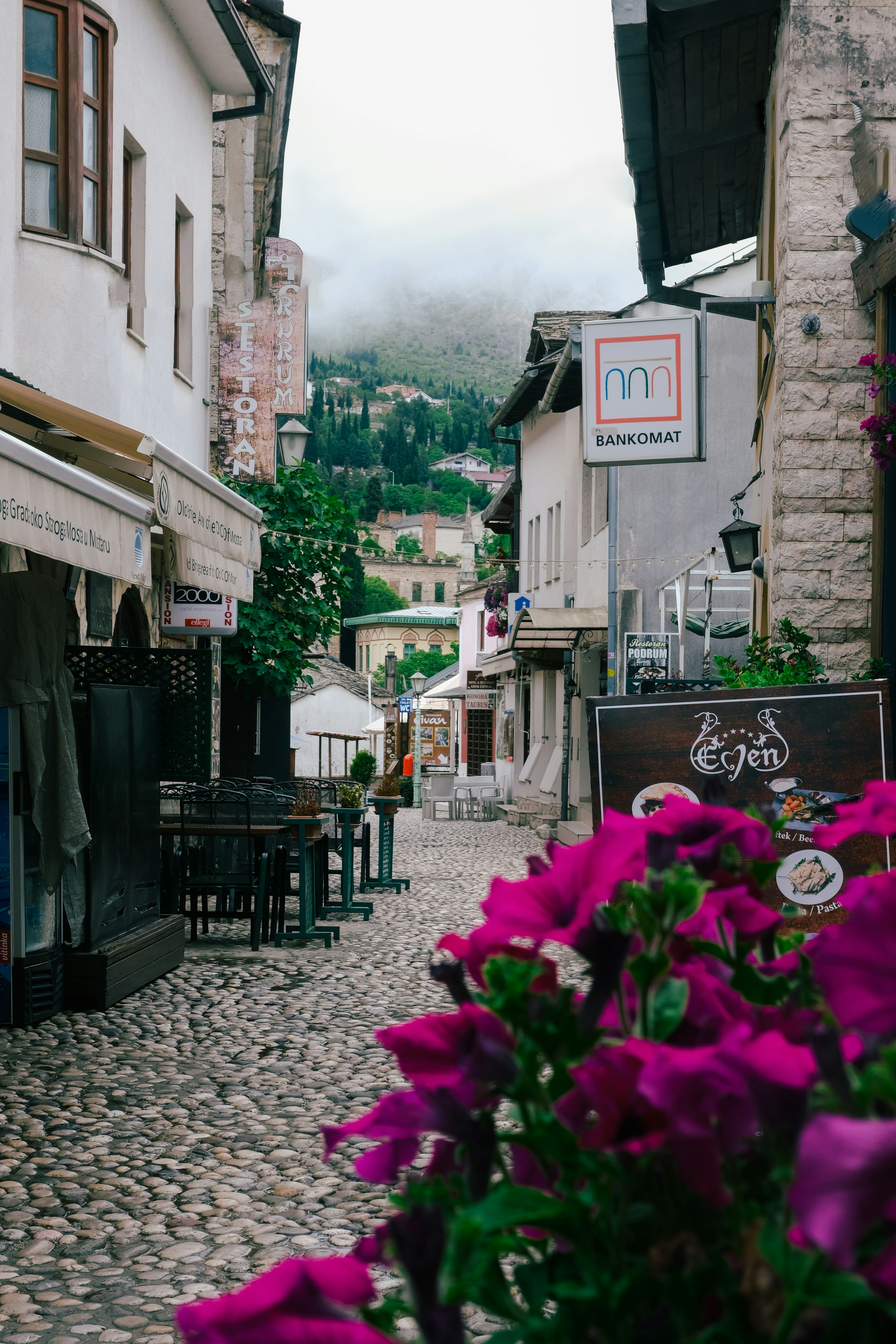 Alpine Alleyway: Cobblestones, Flowers, and a Fog-Kissed Valley