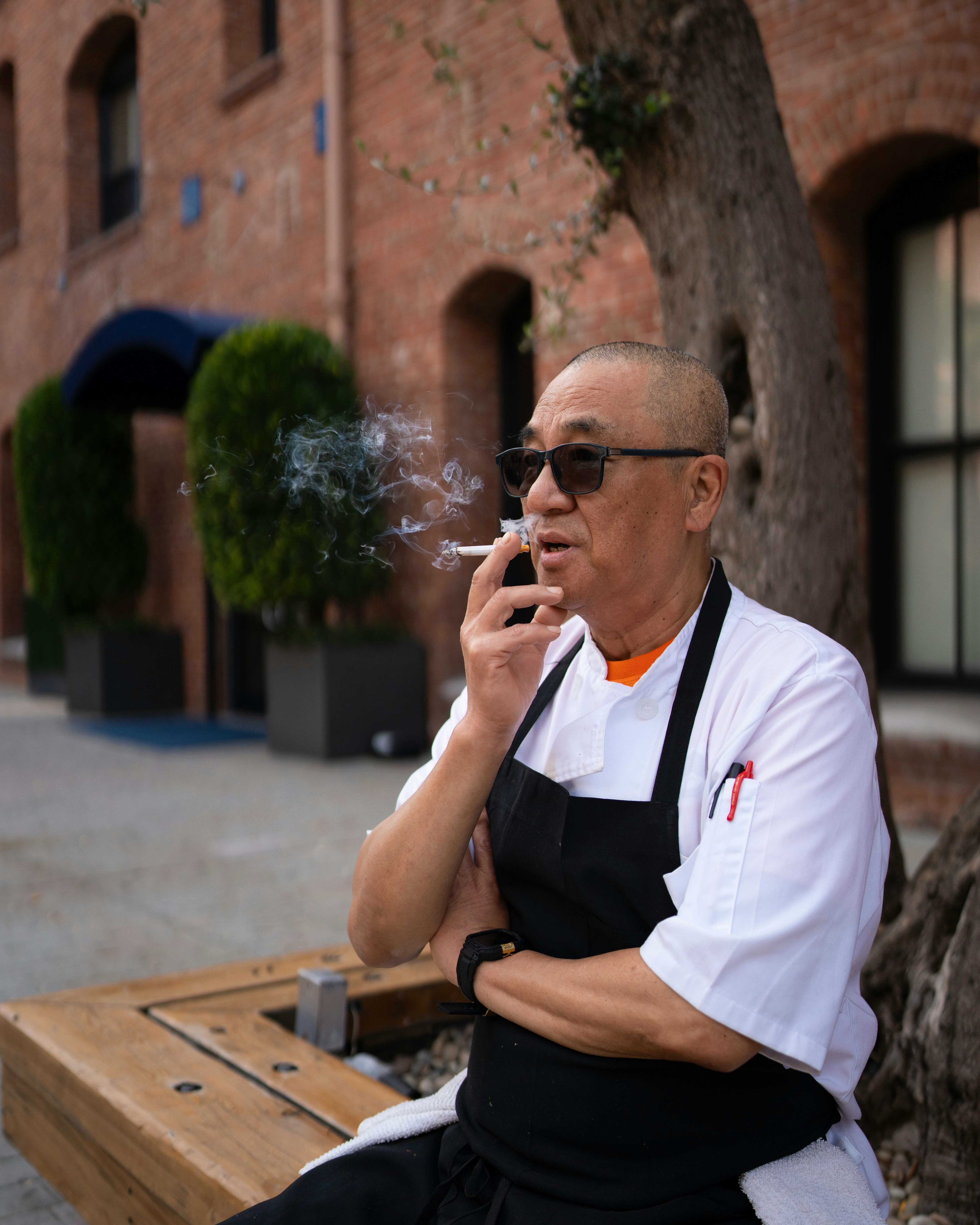 A man sitting on a bench smoking a cigarette photo – Free San francisco ...