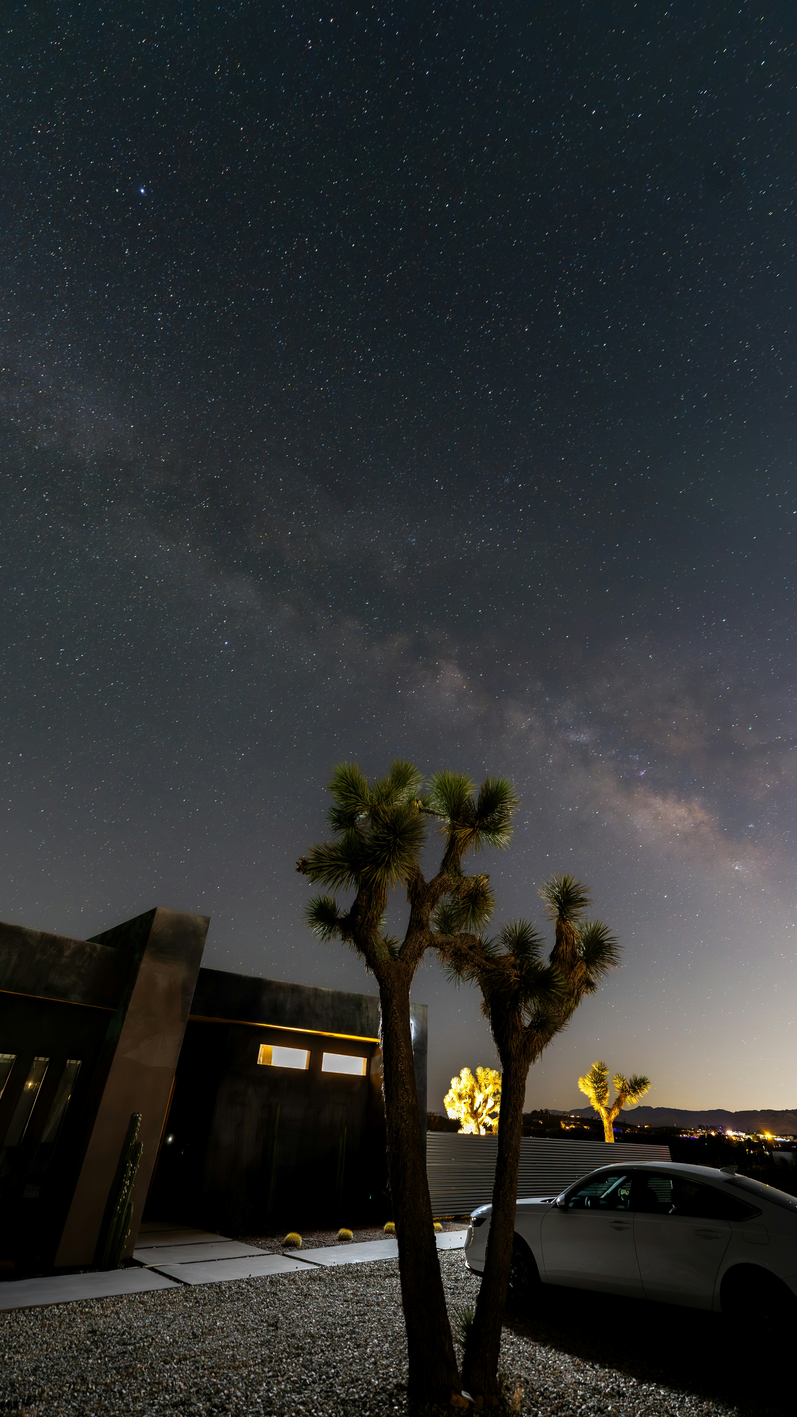 Milky Way Over a Desert-Modern Courtyard: Joshua Trees Under a Starry Arc
