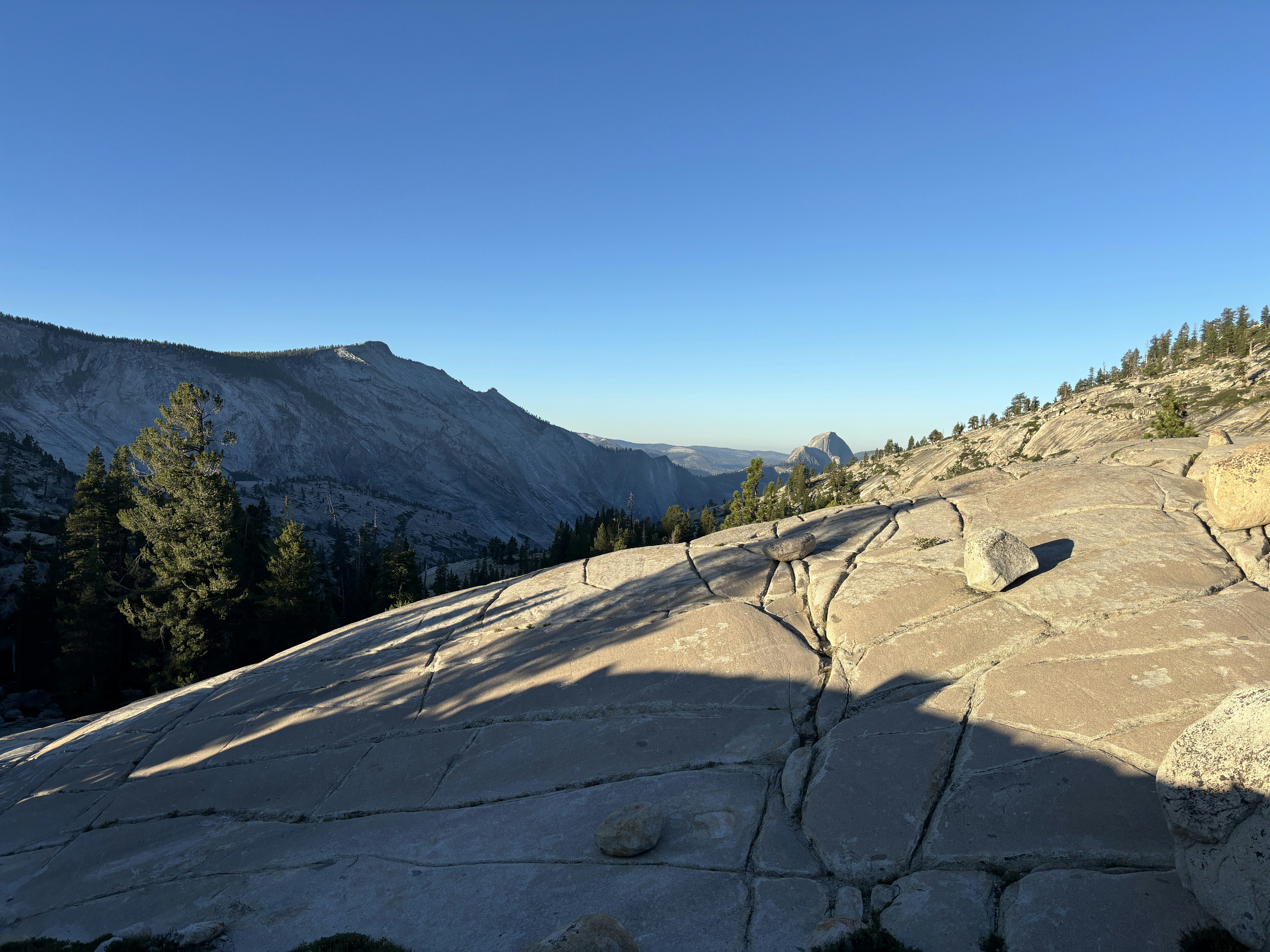 A view of a rocky mountain with trees and mountains in the background