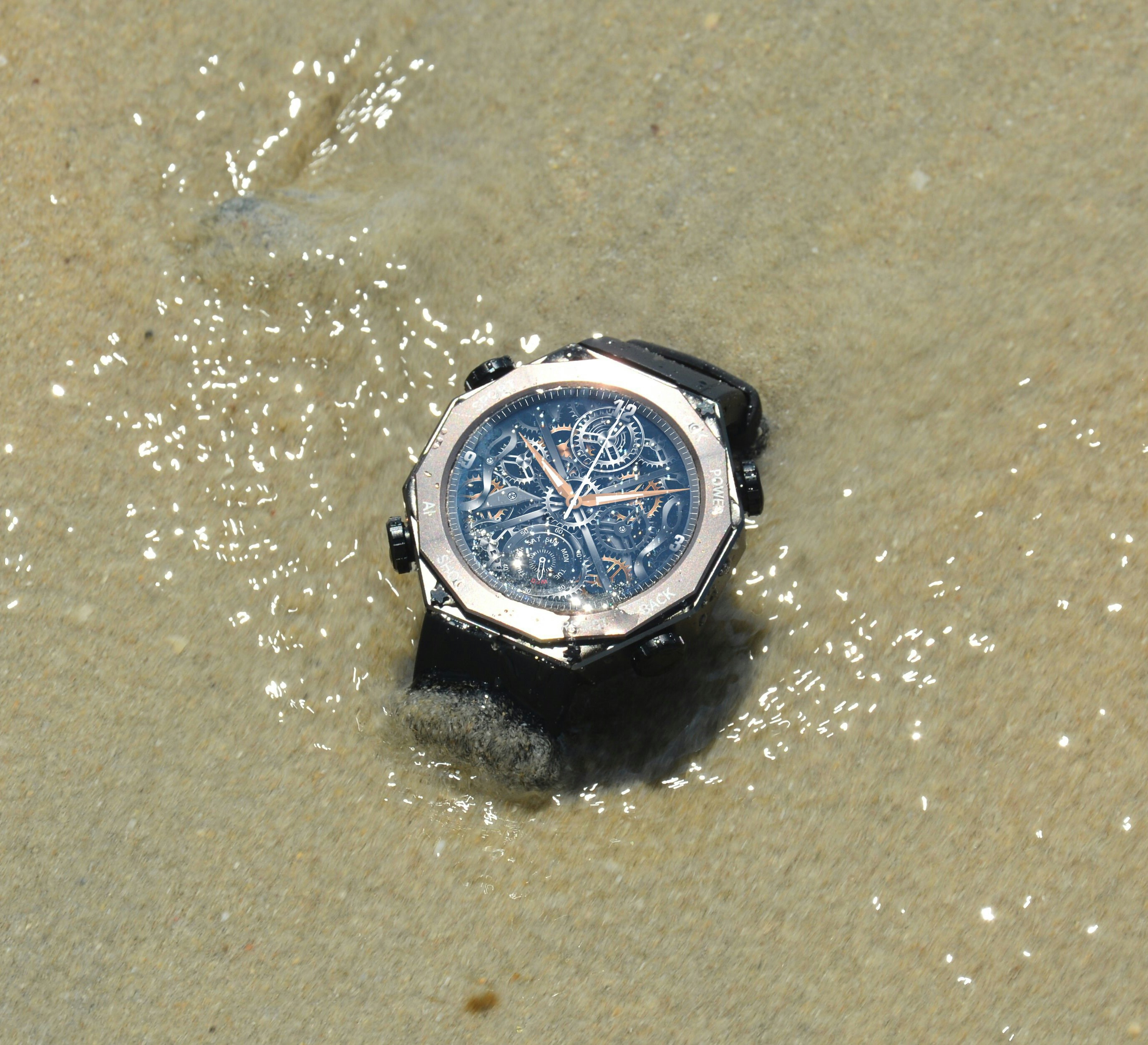 Floating Timepiece: A Wristwatch Anchored in Wet Sands
