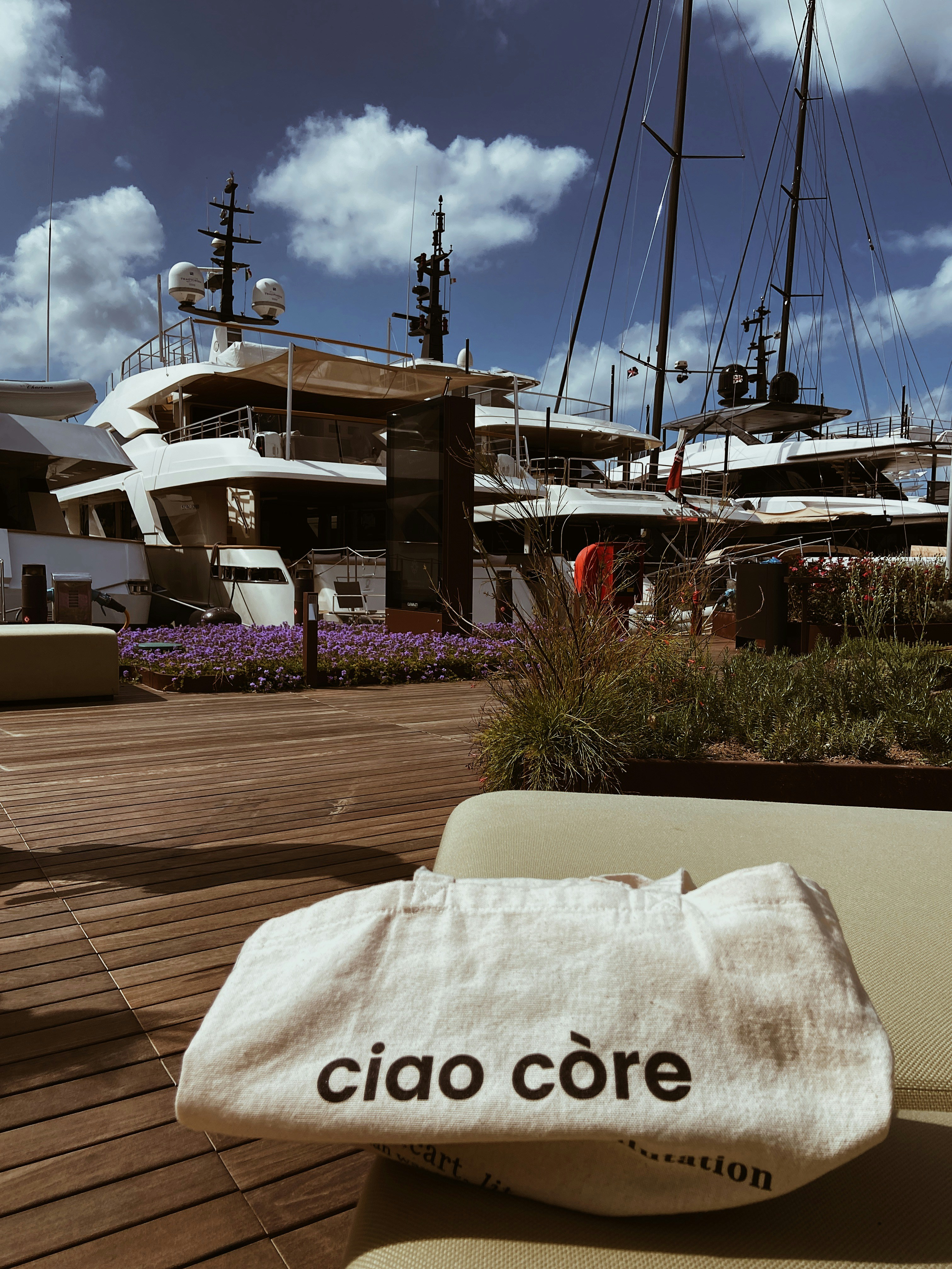 Cushion on the Marina Deck: Quiet Harbor Scene with Yachts