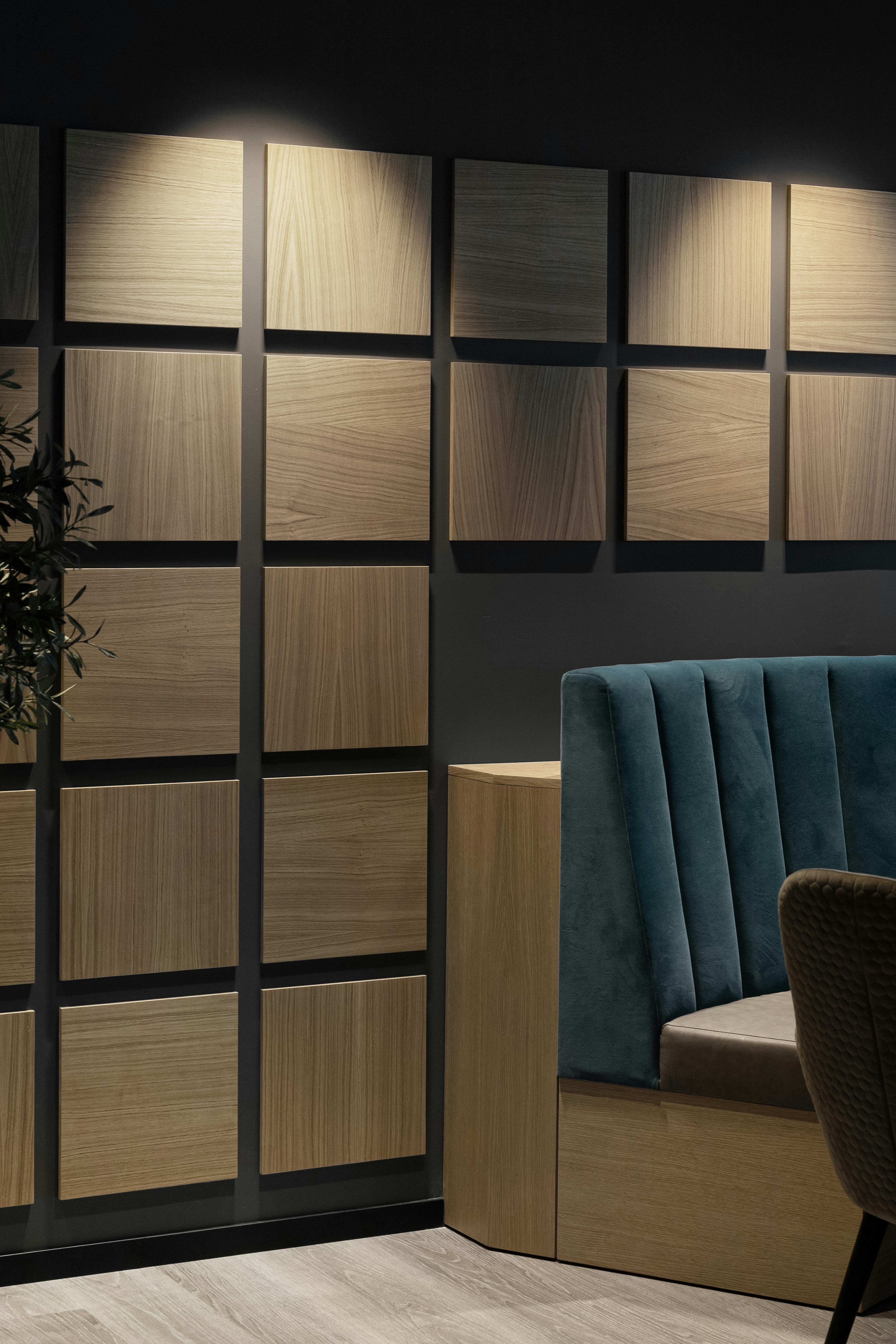 Velvet Geometry: A Quiet Corner of Wood, Light, and Seating