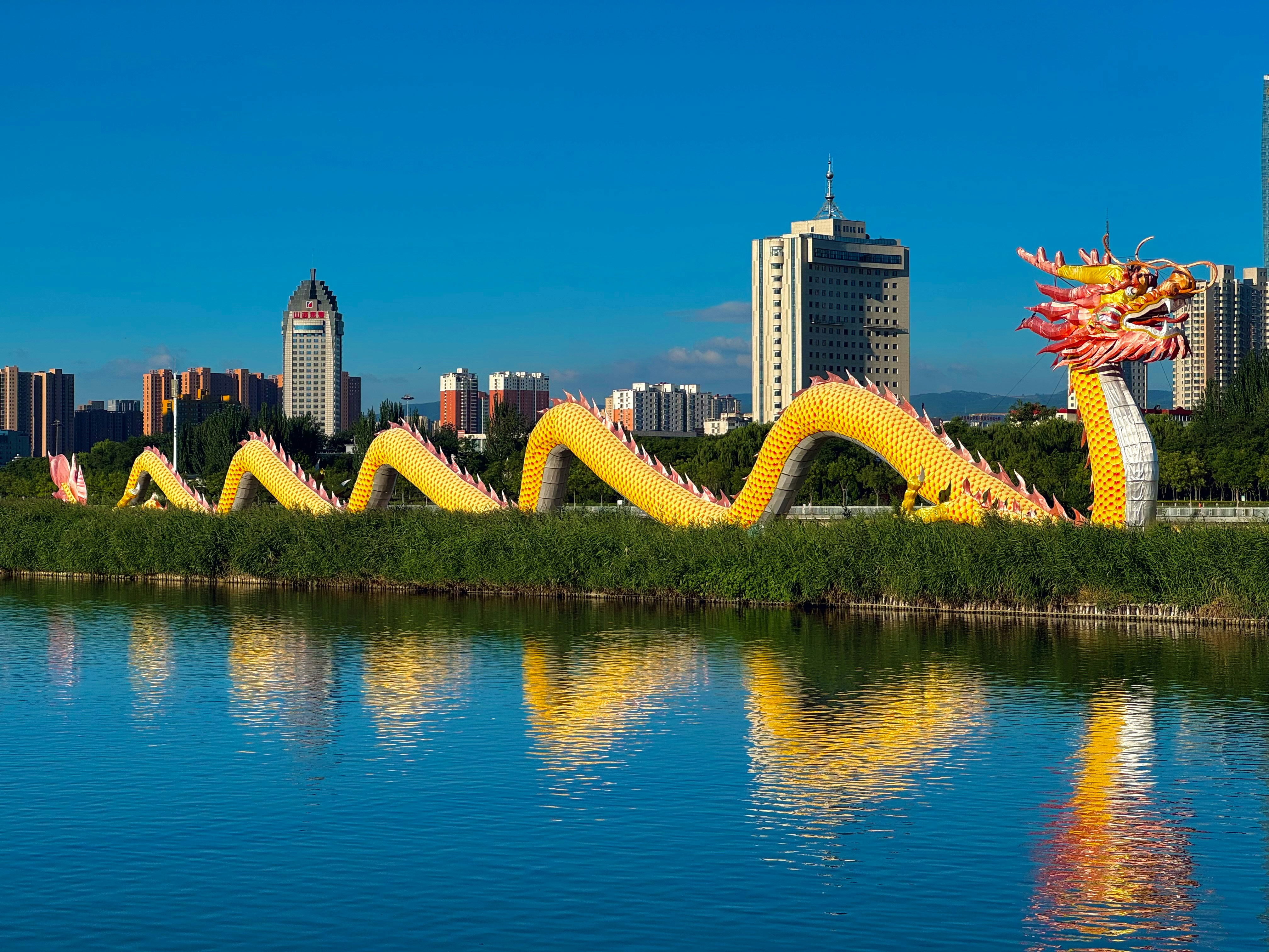 Golden Dragon Uncoils Over the Riverside as Cityscape Reflects