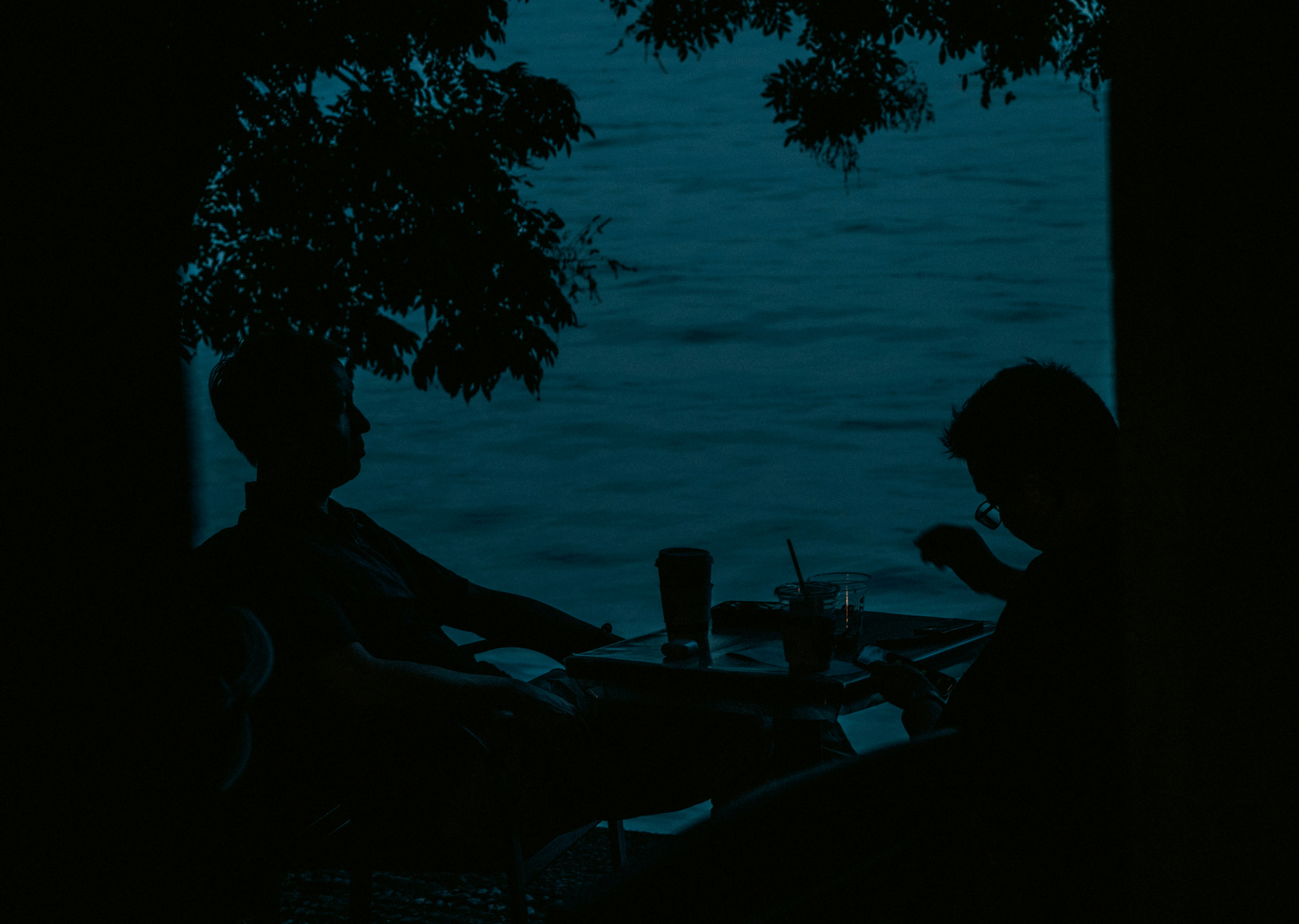 Two silhouettes of individuals seated at a table near a body of water, surrounded by lush foliage. The scene captures a tranquil evening atmosphere.
