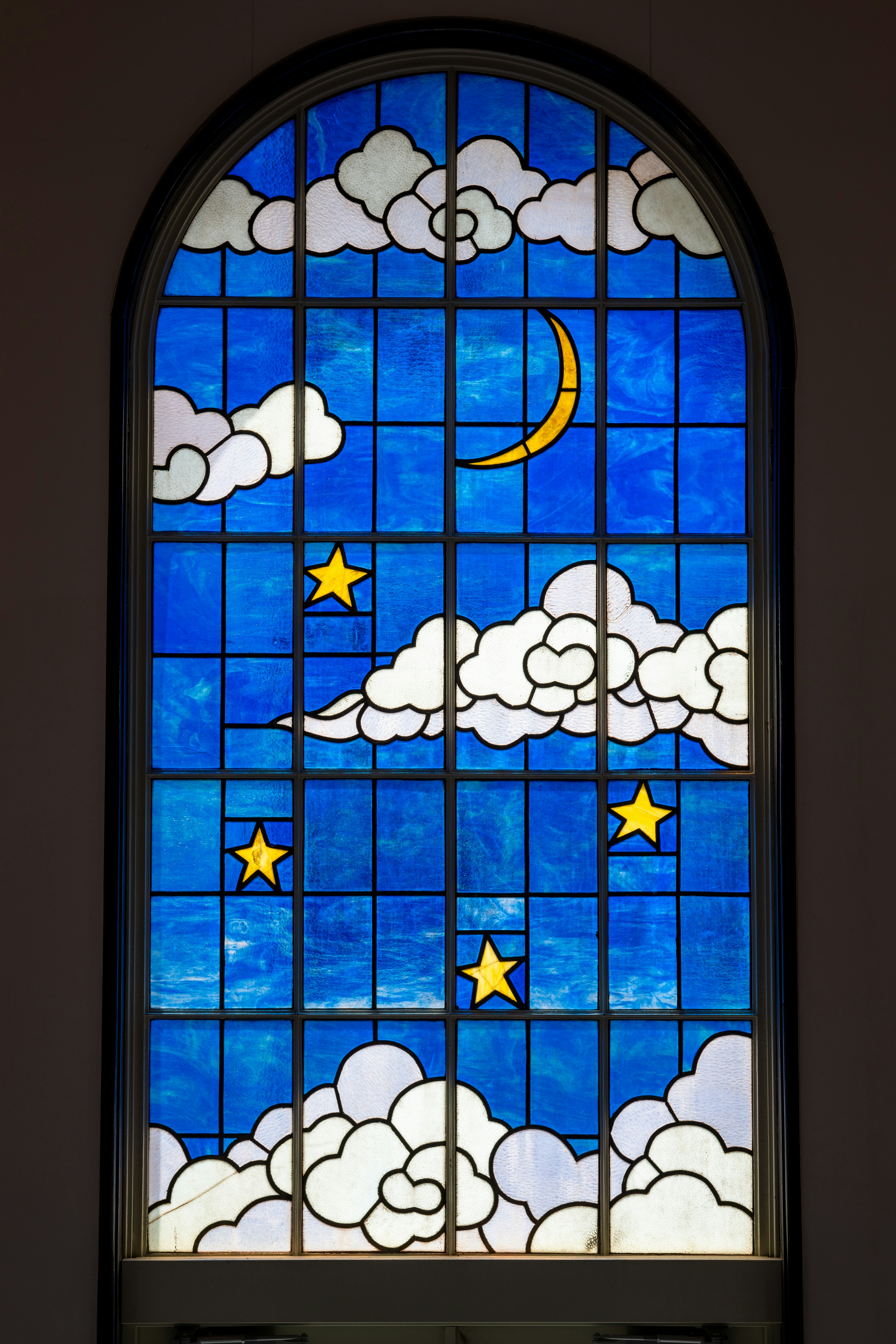 Cobalt Night in Glass: Crescent Moon and Starry Clouds