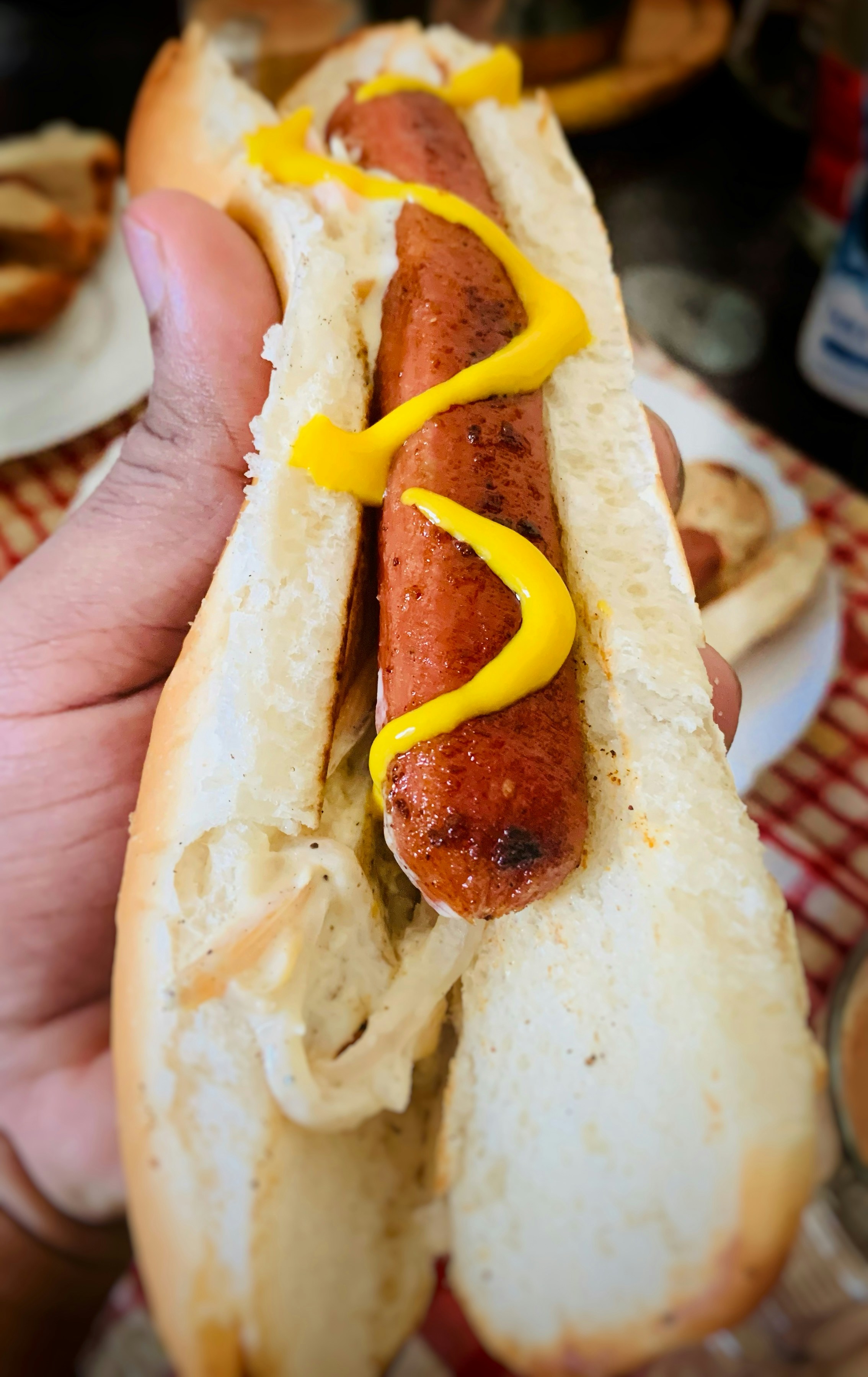 A person holding a hot dog with mustard on it photo – Free Dunes ...