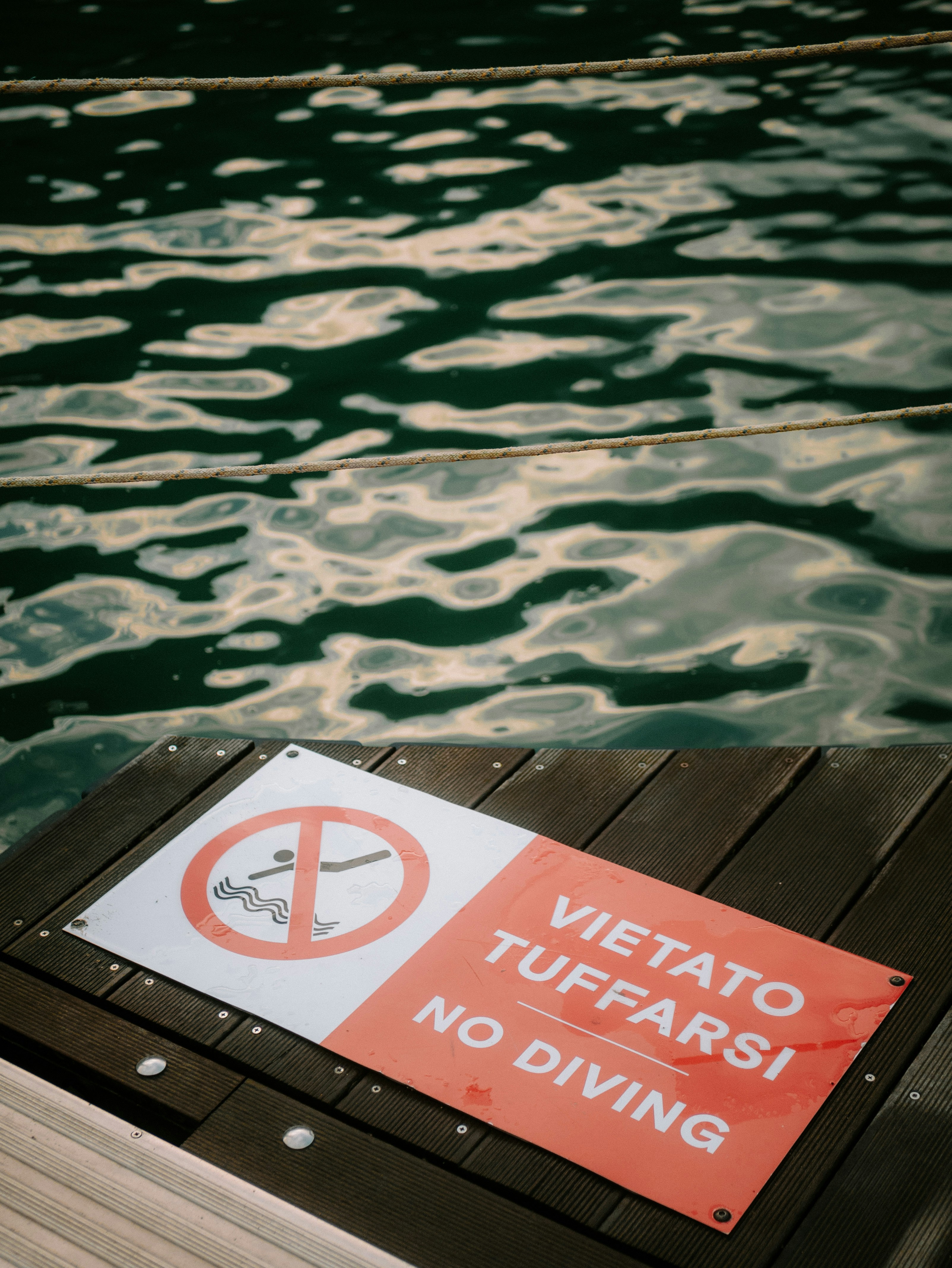 No-Diving Sign Guards a Quiet Waterfront Dock