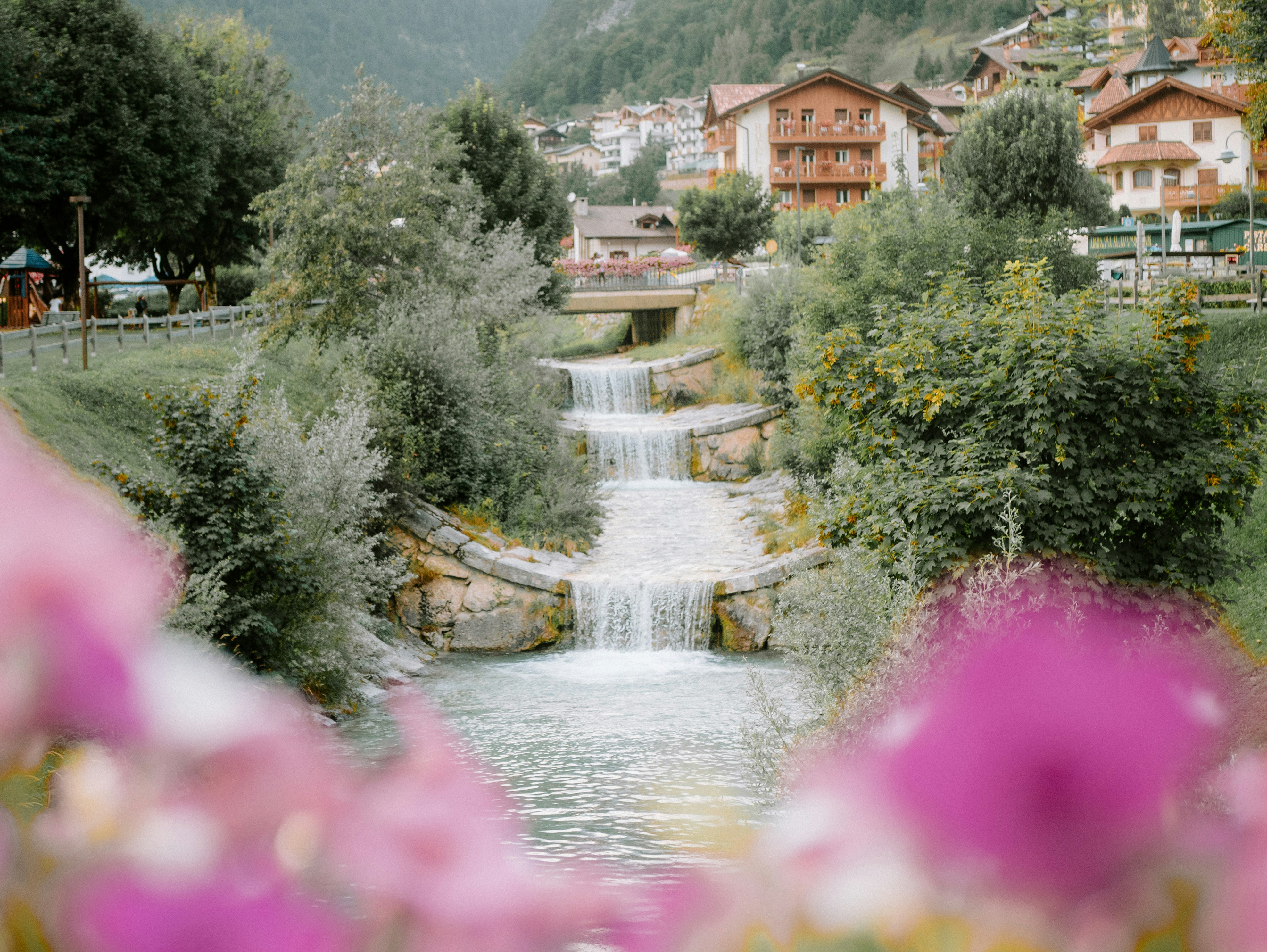 Alpine Cascade Framed by Village Gardens