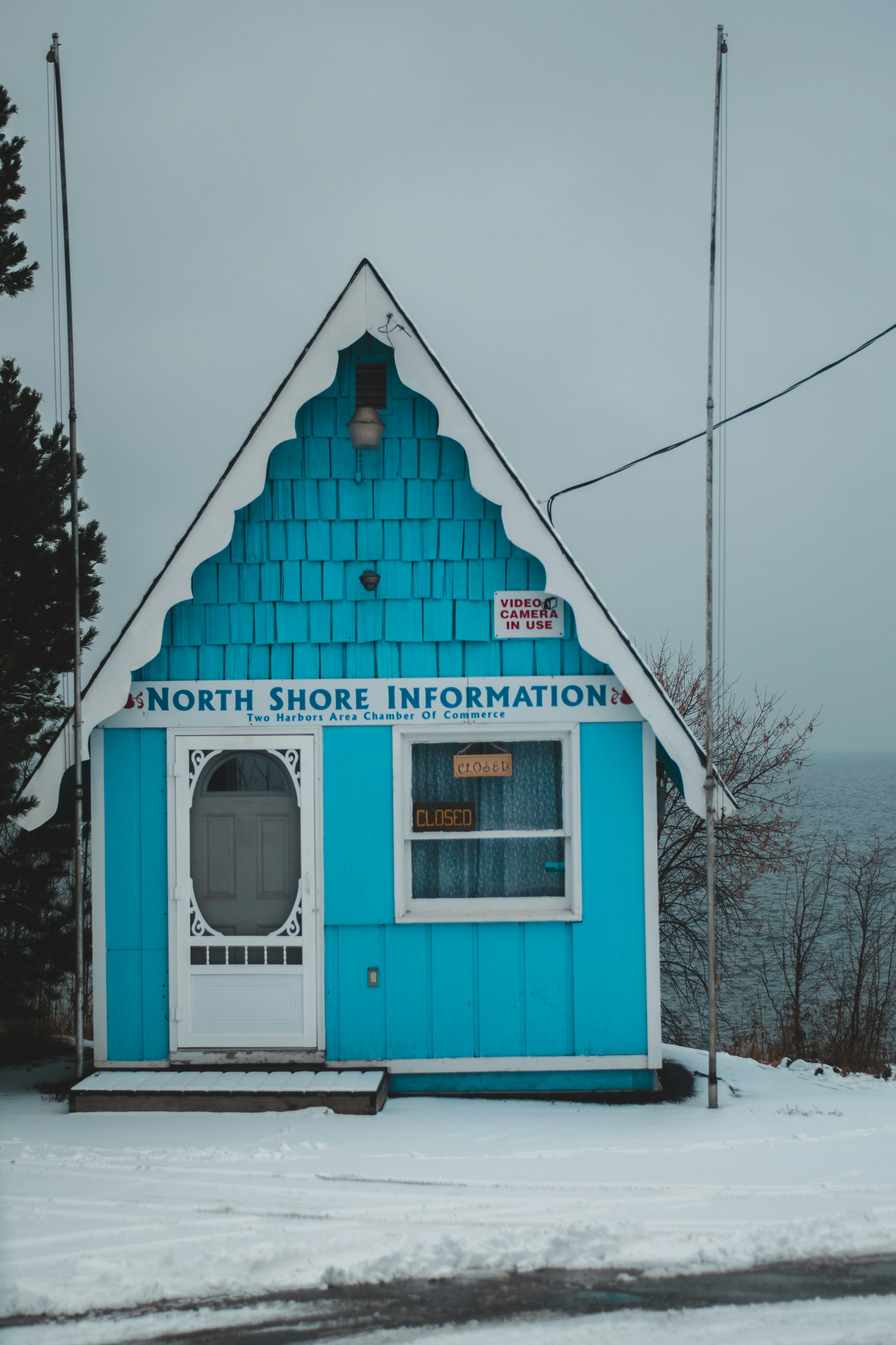 Blue A-frame Information Booth in Snow