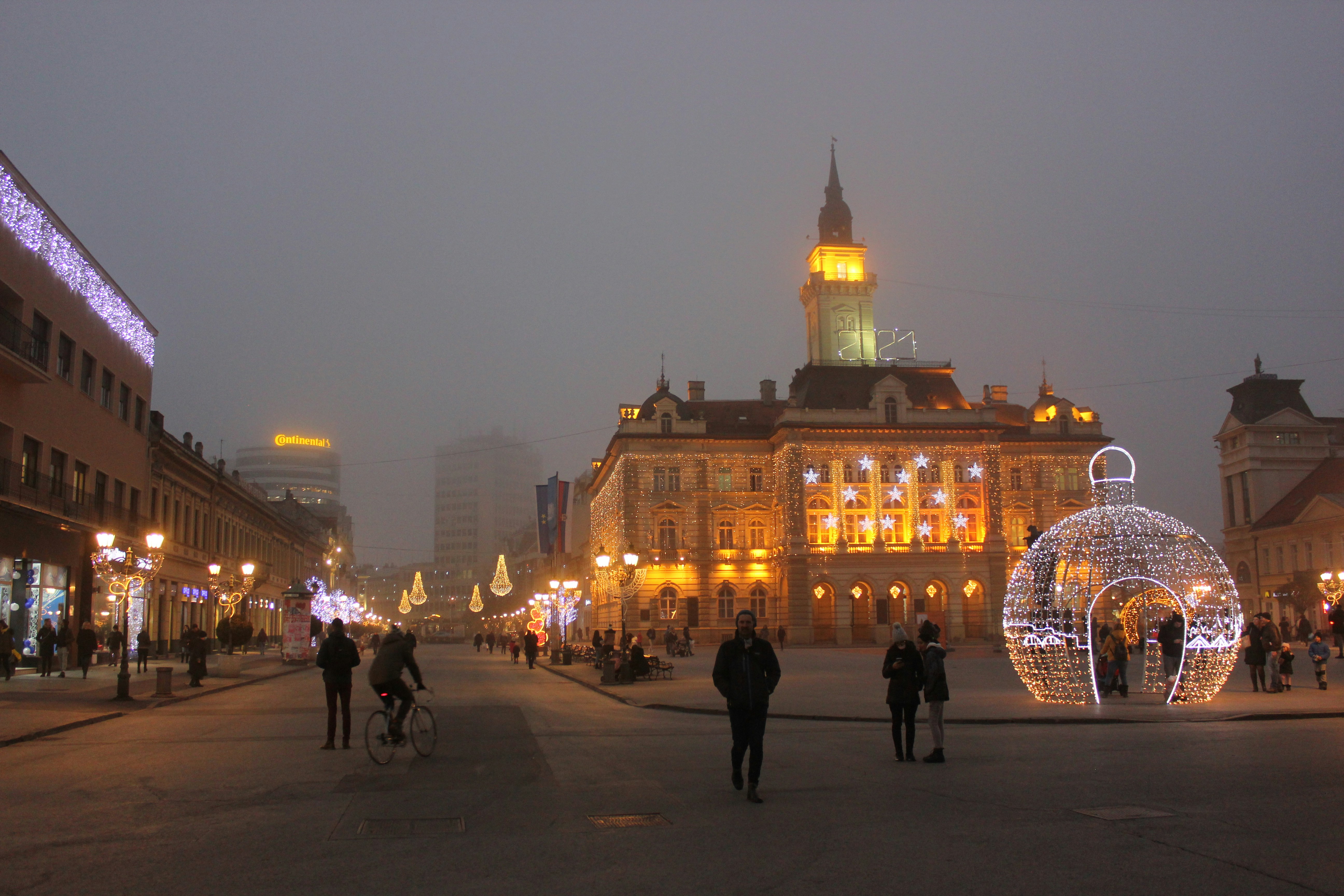 Midnight Lanterns Over the City Square: Clocktower and Glowing Orbs