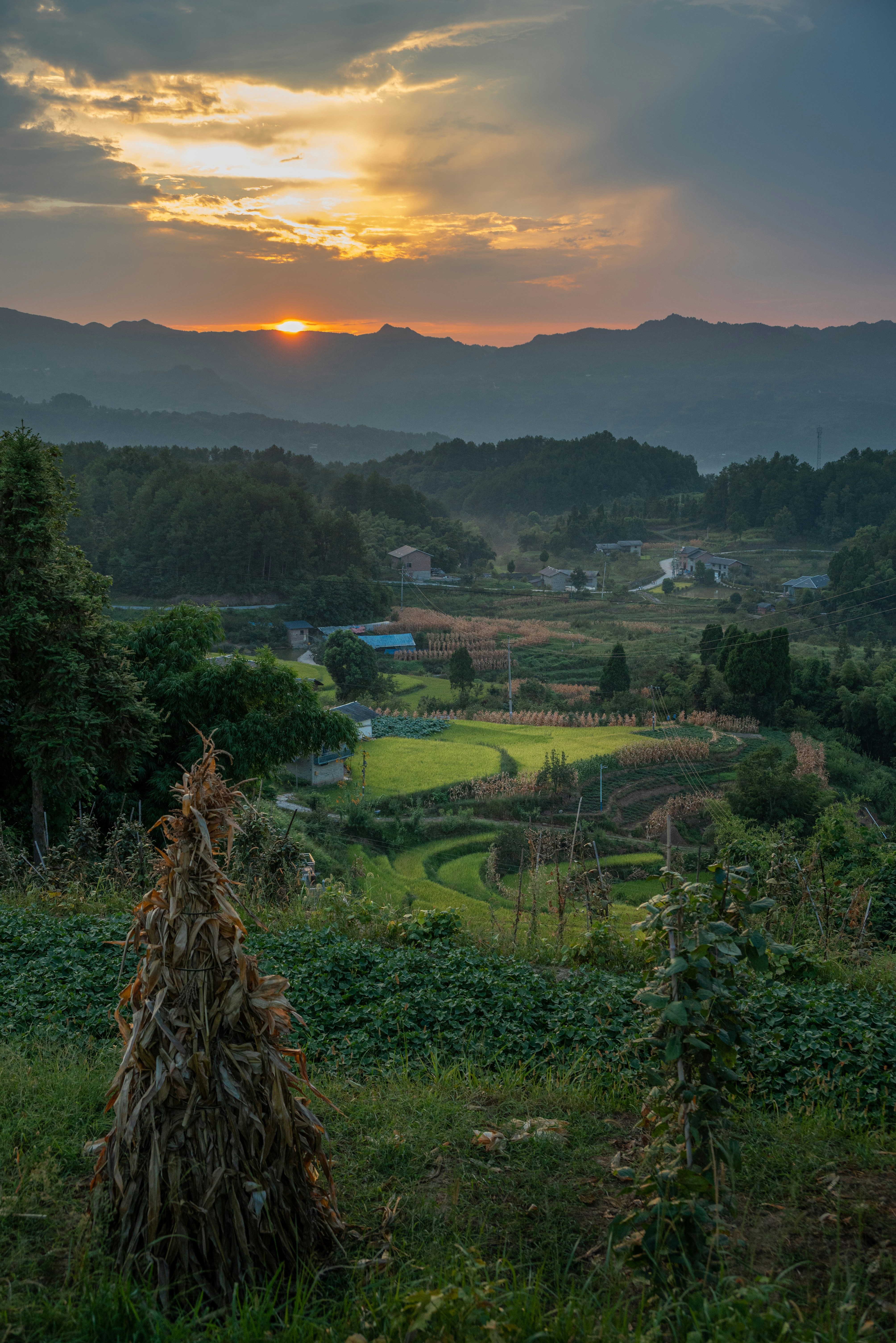 Sunset Over Terraced Valleys: A Quiet Rural Panorama