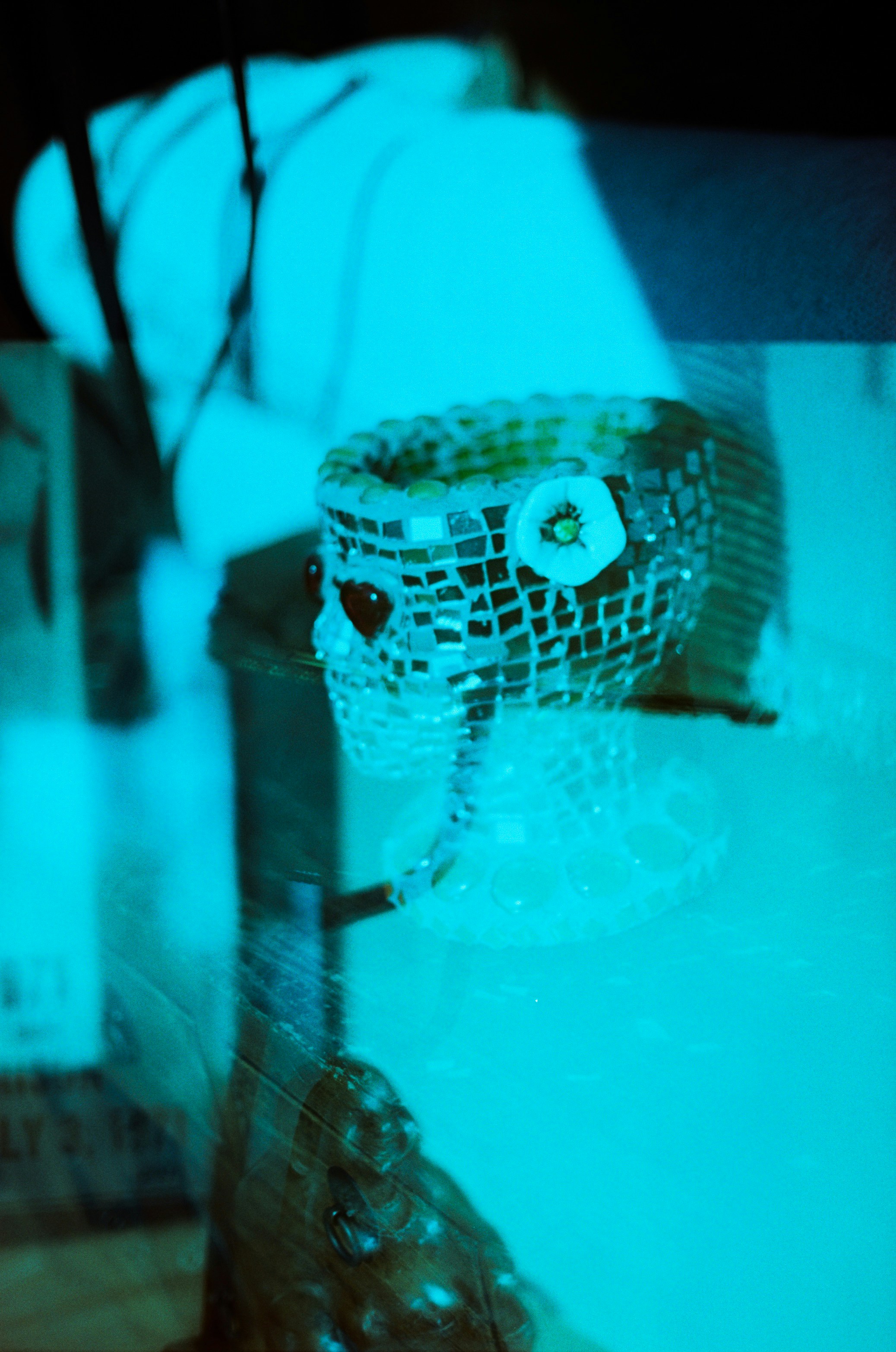 Close-up of a cube-like mosaic vessel with a white flower accent, reflected on a glassy, cyan-tinted surface. The shot emphasizes color and texture over context.