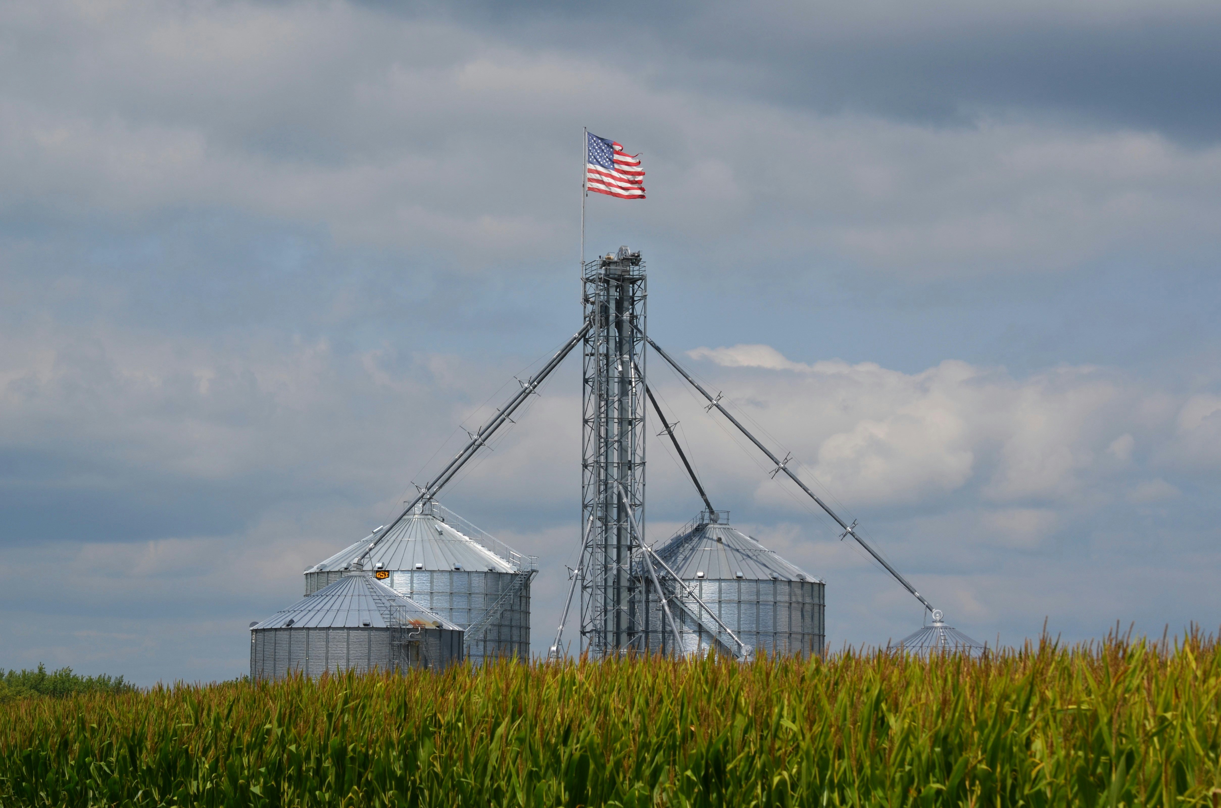 Flag Above the Grain Silos: Steel Frames and Prairie Light