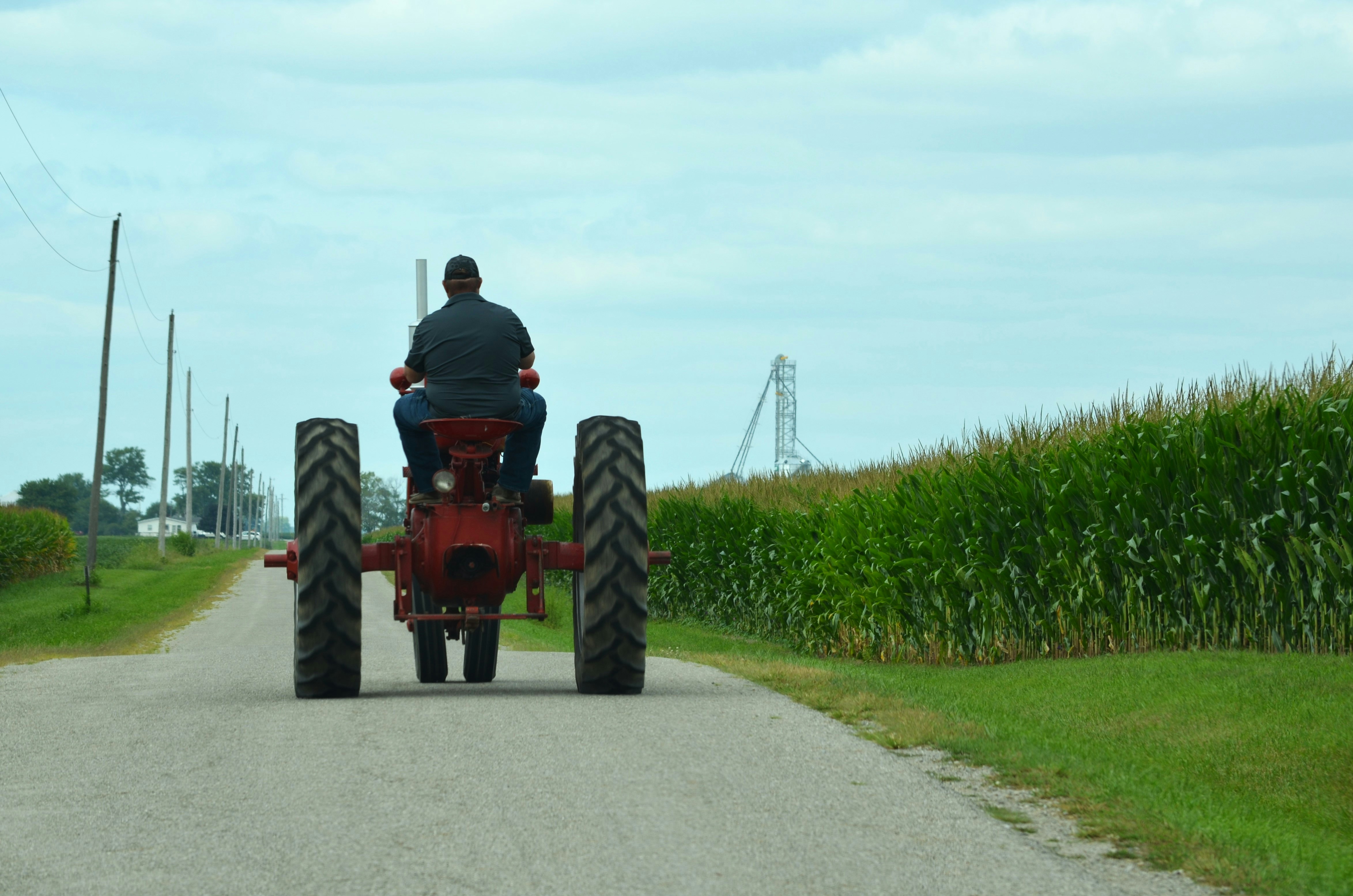A man riding on the back of a red tractor down a country road photo ...