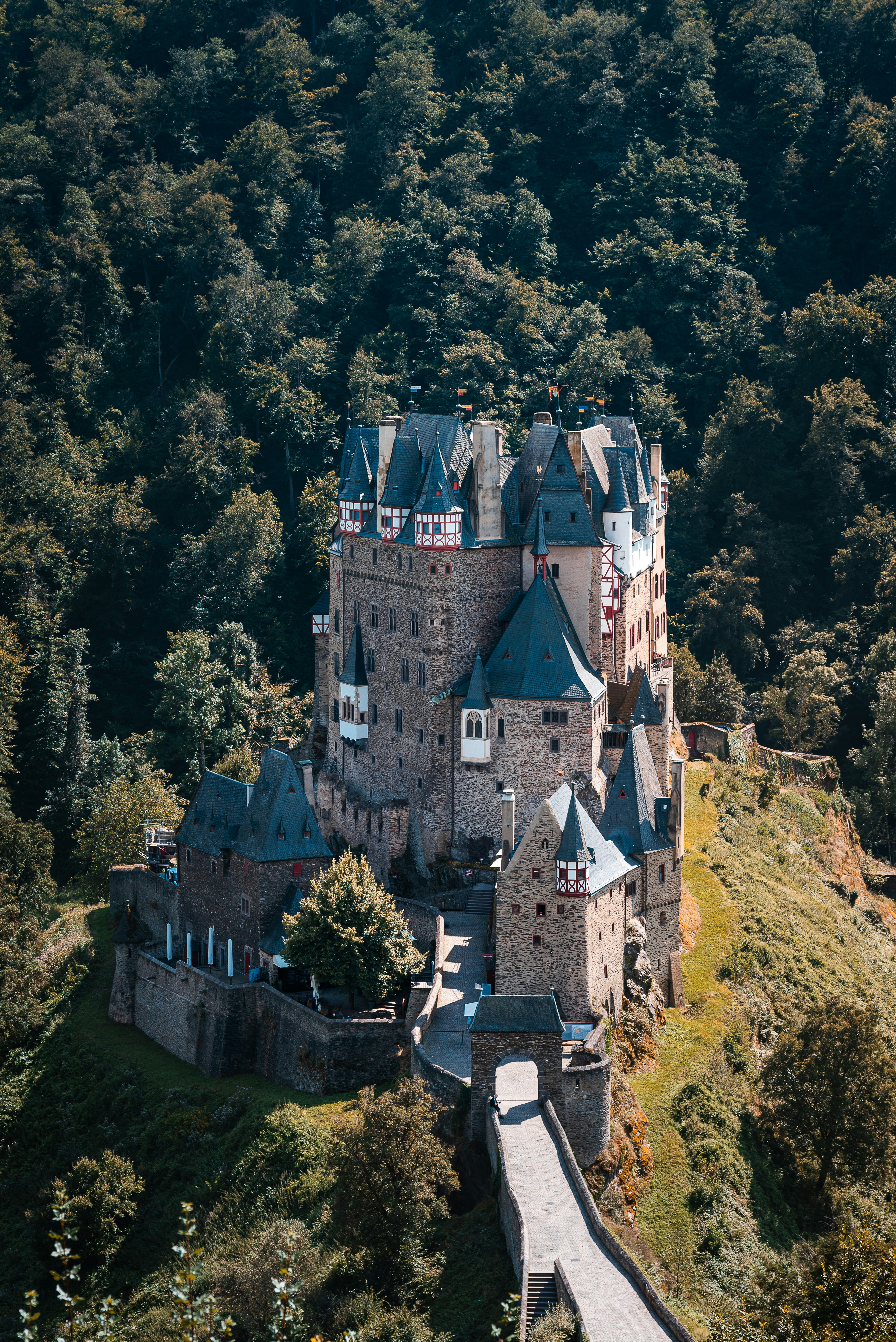 An aerial view of Burg Eltz, a medieval castle nestled in a lush, forested valley. The castle is composed of multiple towers and buildings, showcasing traditional half-timbered architecture with red and white accents. The steep, dark slate roofs contrast with the warm tones of the stone walls, giving the castle a majestic and timeless appearance. Surrounding the castle, the dense green foliage of the forest adds to the enchanting and secluded atmosphere. A stone bridge leads to the entrance, completing the picturesque scene.