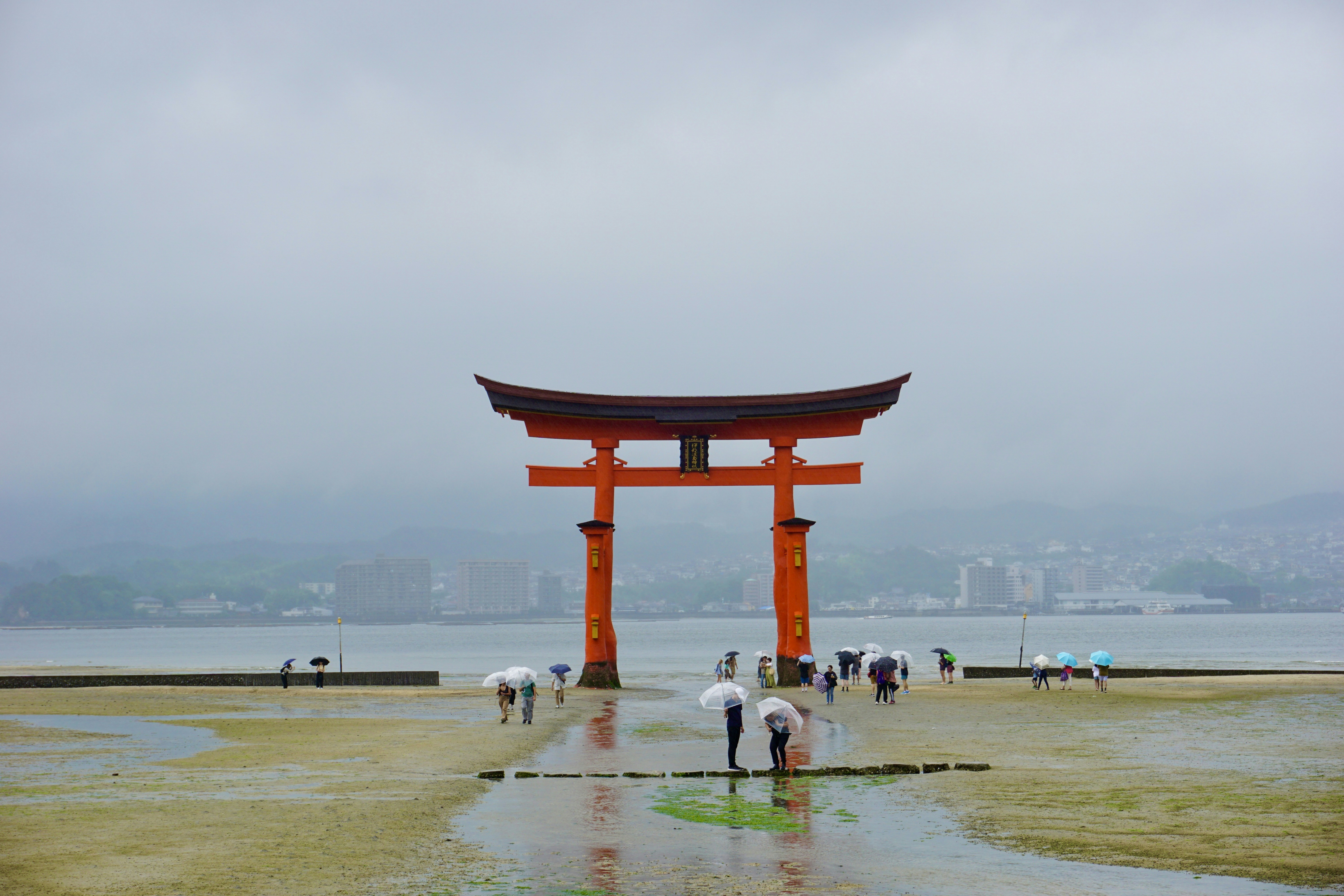 A vibrant torii gate stands tall against a misty backdrop, with visitors in umbrellas exploring the wet landscape. The scene evokes a serene connection between nature and tradition.