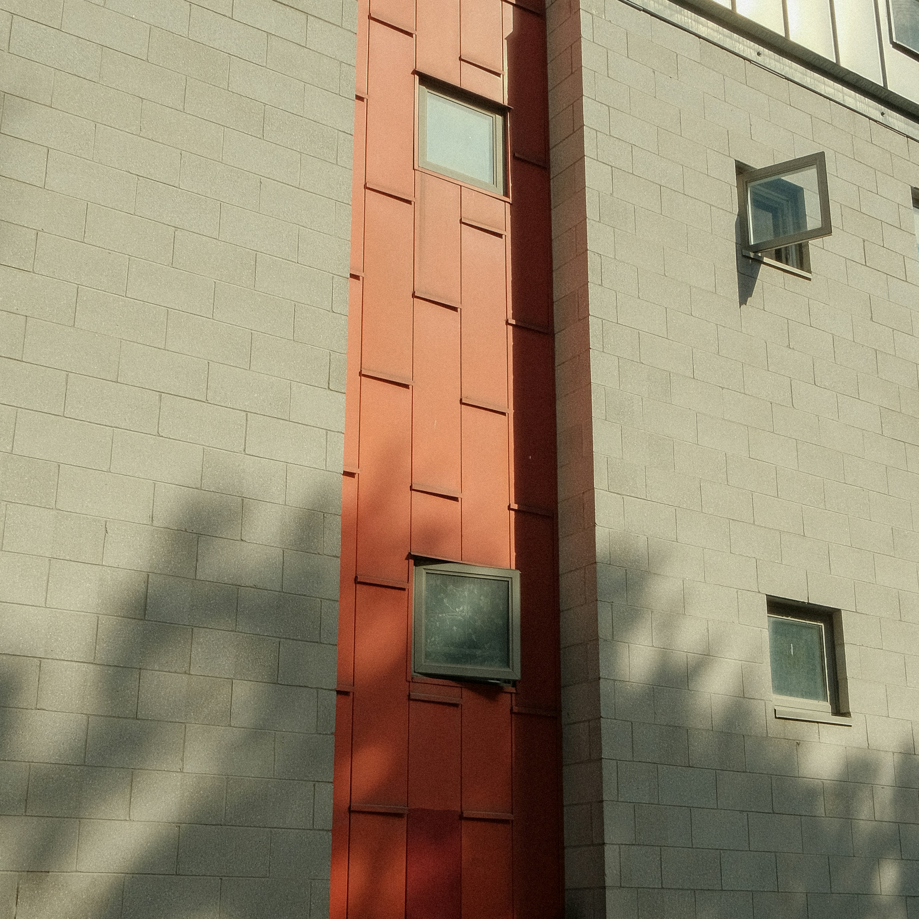 Crimson Spine Anchoring a Sunlit Facade