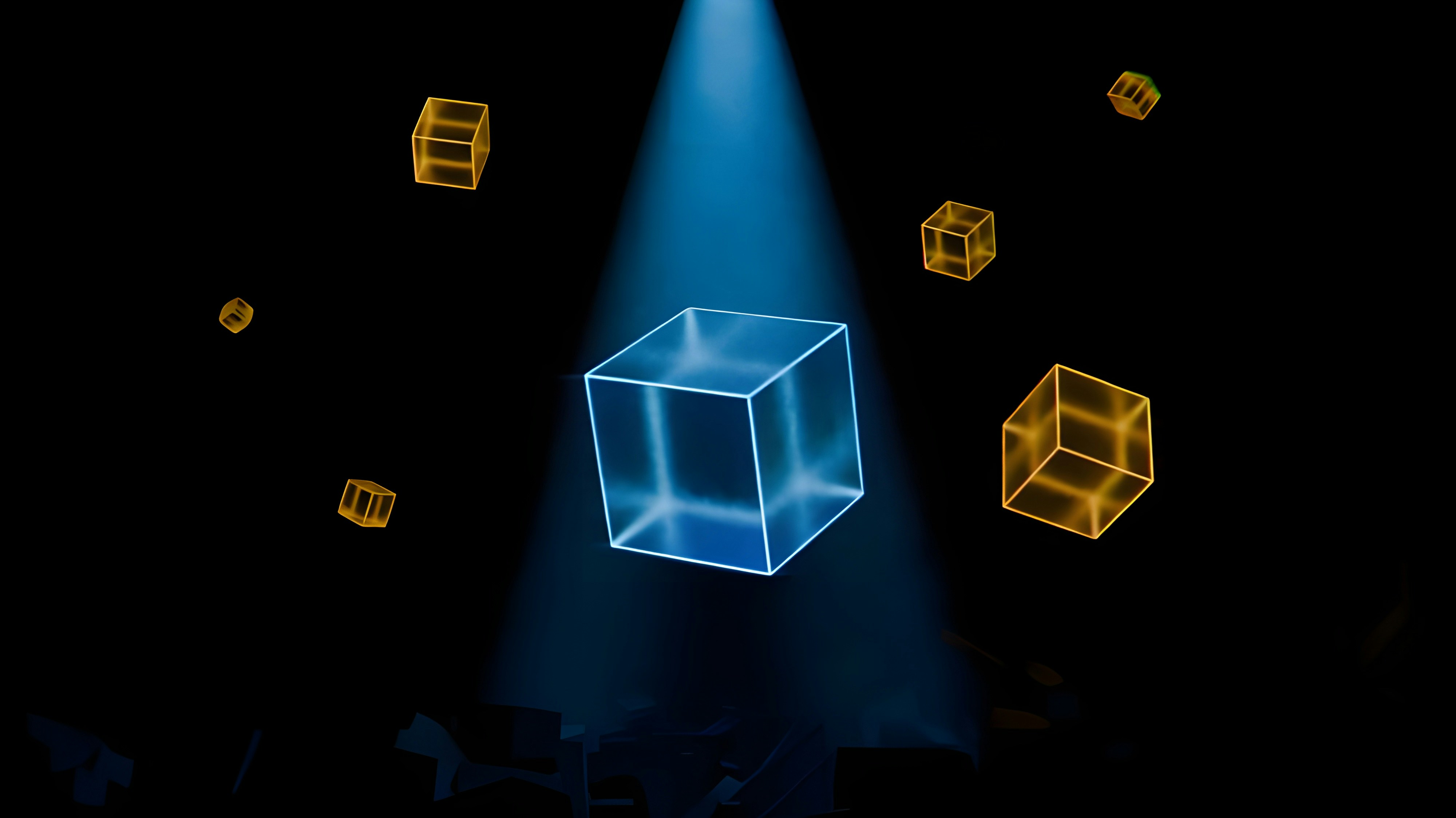 A light shines brightly on a stage with cubes floating in the air photo ...
