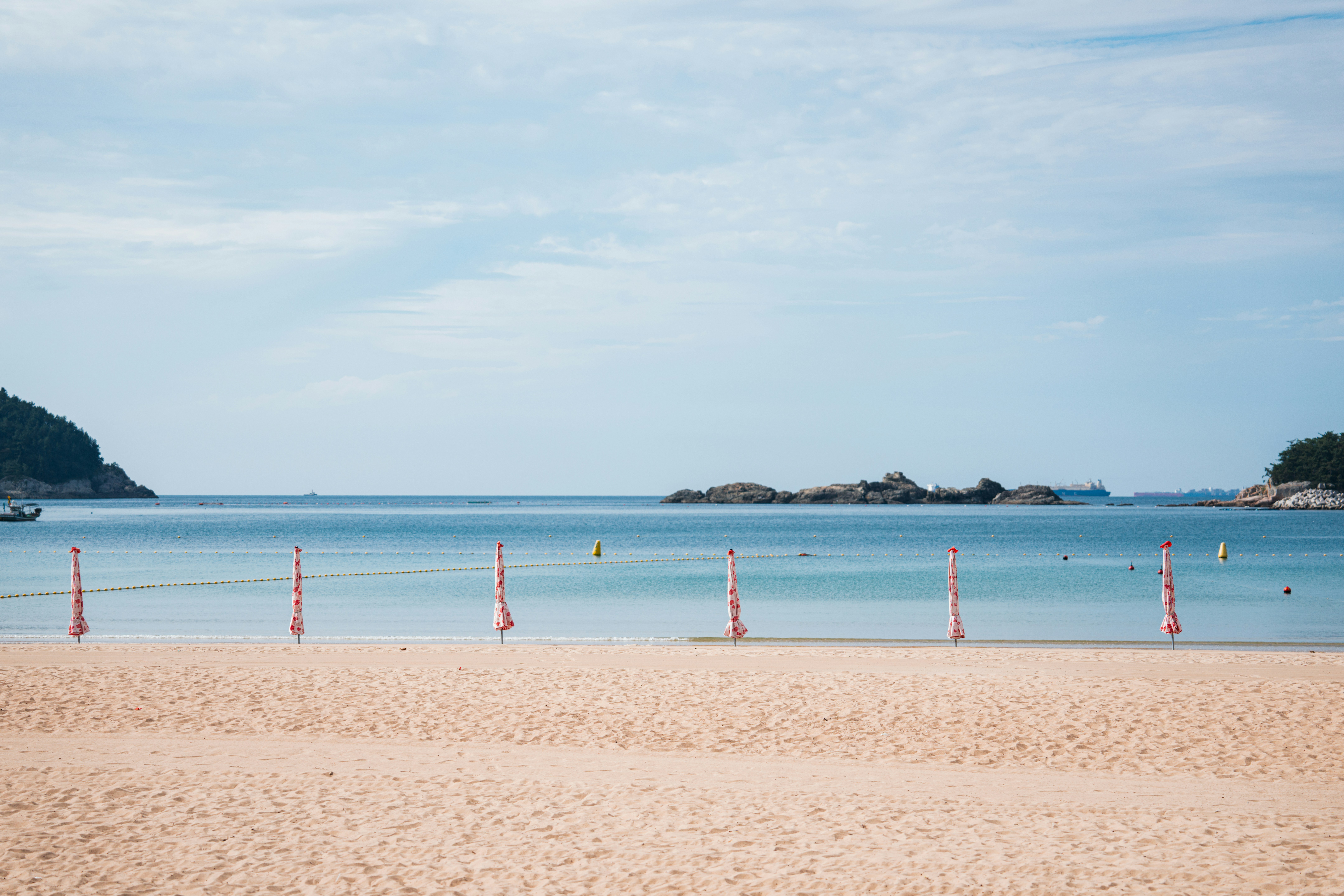 Coral-Pink Poles Tracing a Quiet Horizon Across a Tranquil Beach