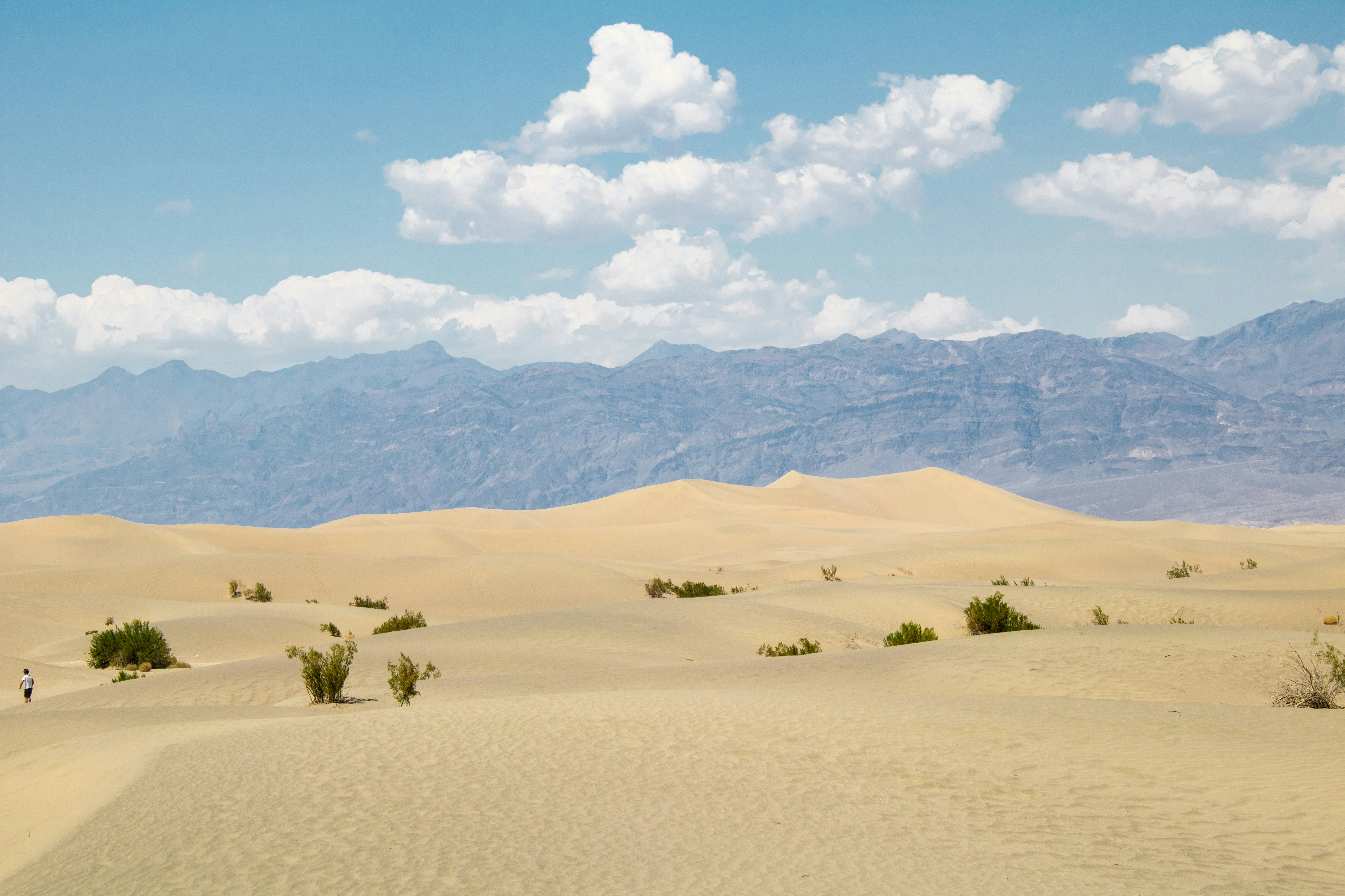 Golden sand dunes stretch towards rugged mountains under a sky dotted with clouds.