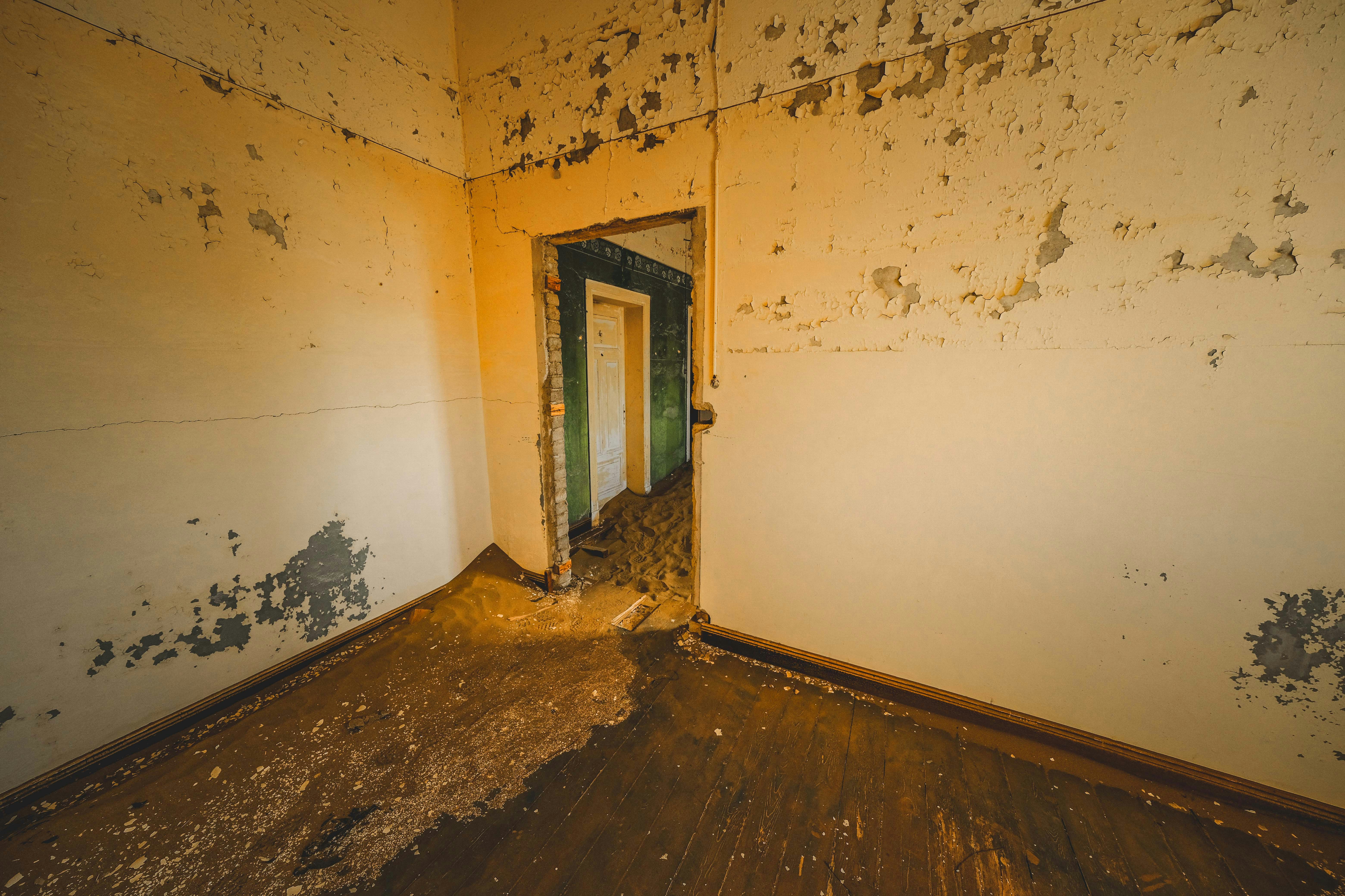 A room with a door and a wall that has moldy paint on it photo – Free ...