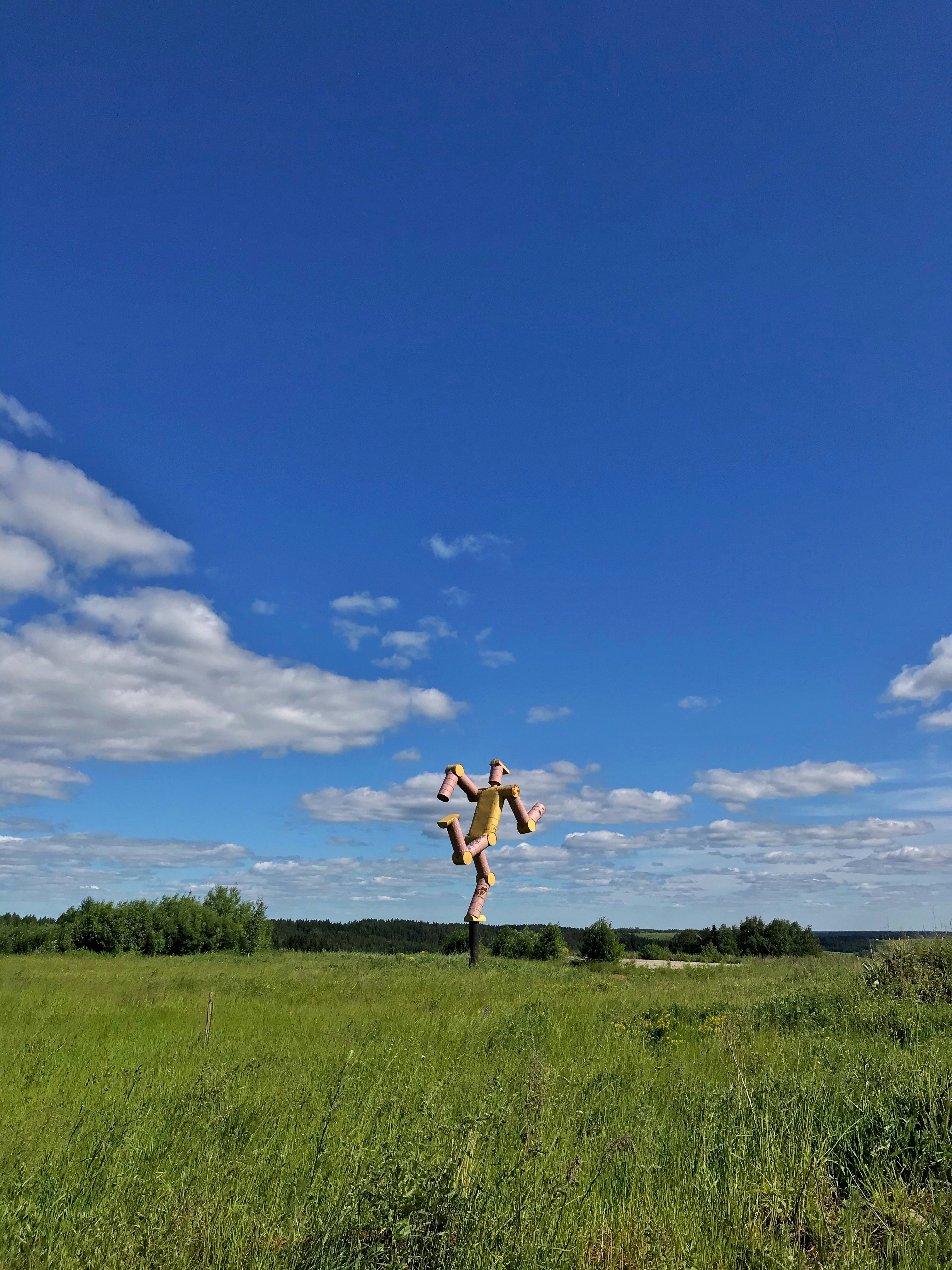 Lone Figure with Joystick-like Sculptures in a Sunlit Grassland