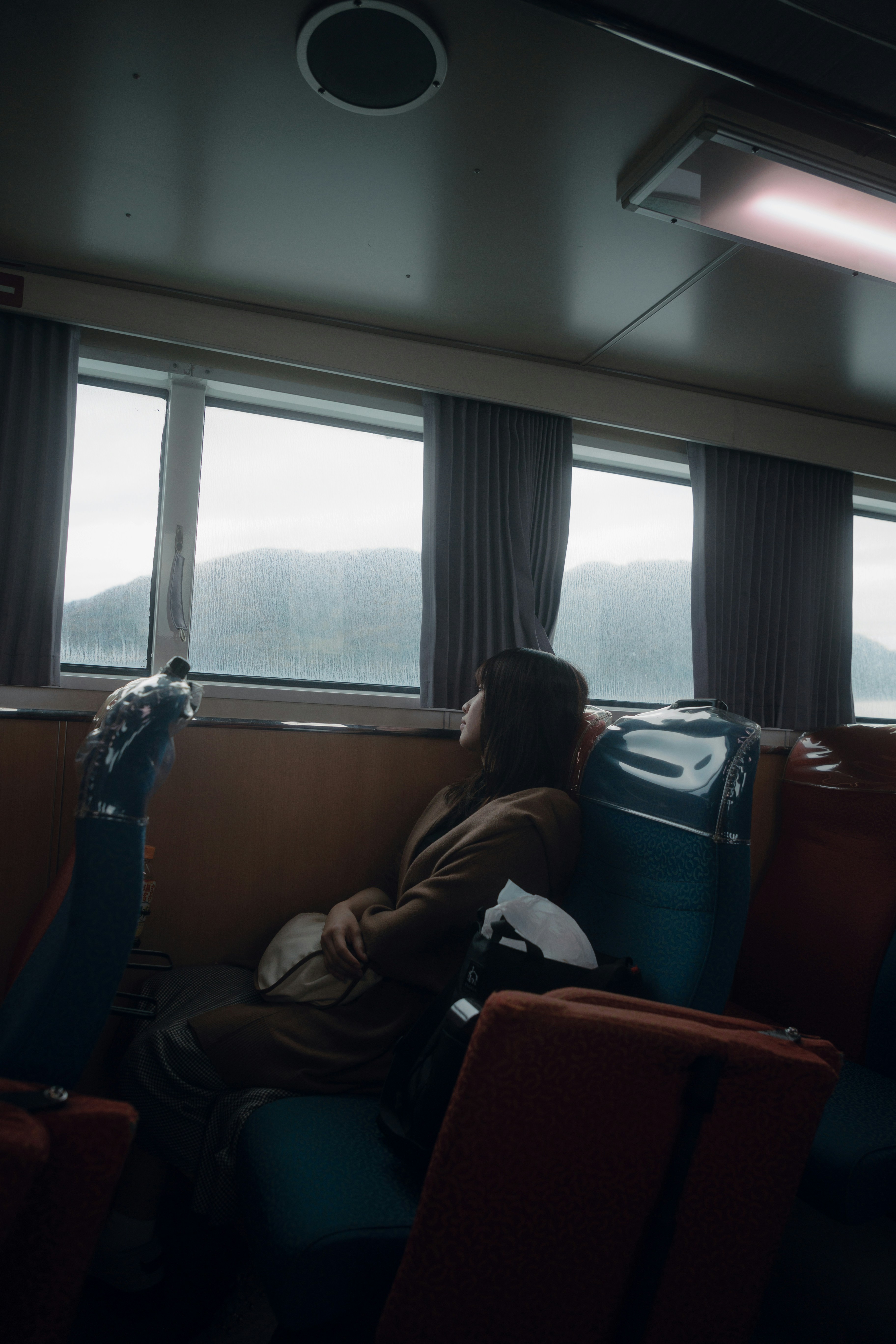 A Quiet Glimpse: Passenger Seated as Mist Clings to Mountain Light