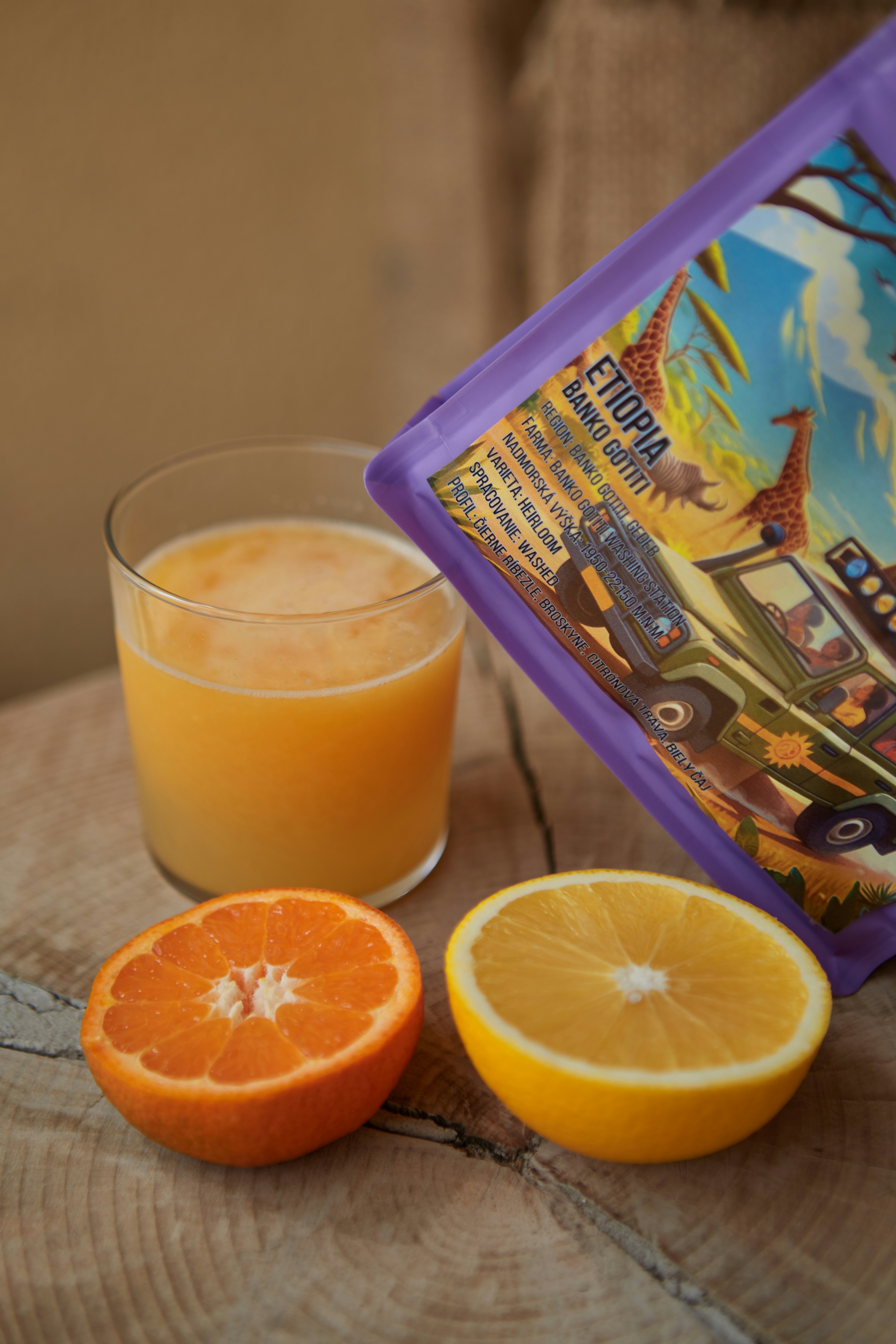 Citrus Glow on Weathered Wood with a Safari-Print Coffee Bag