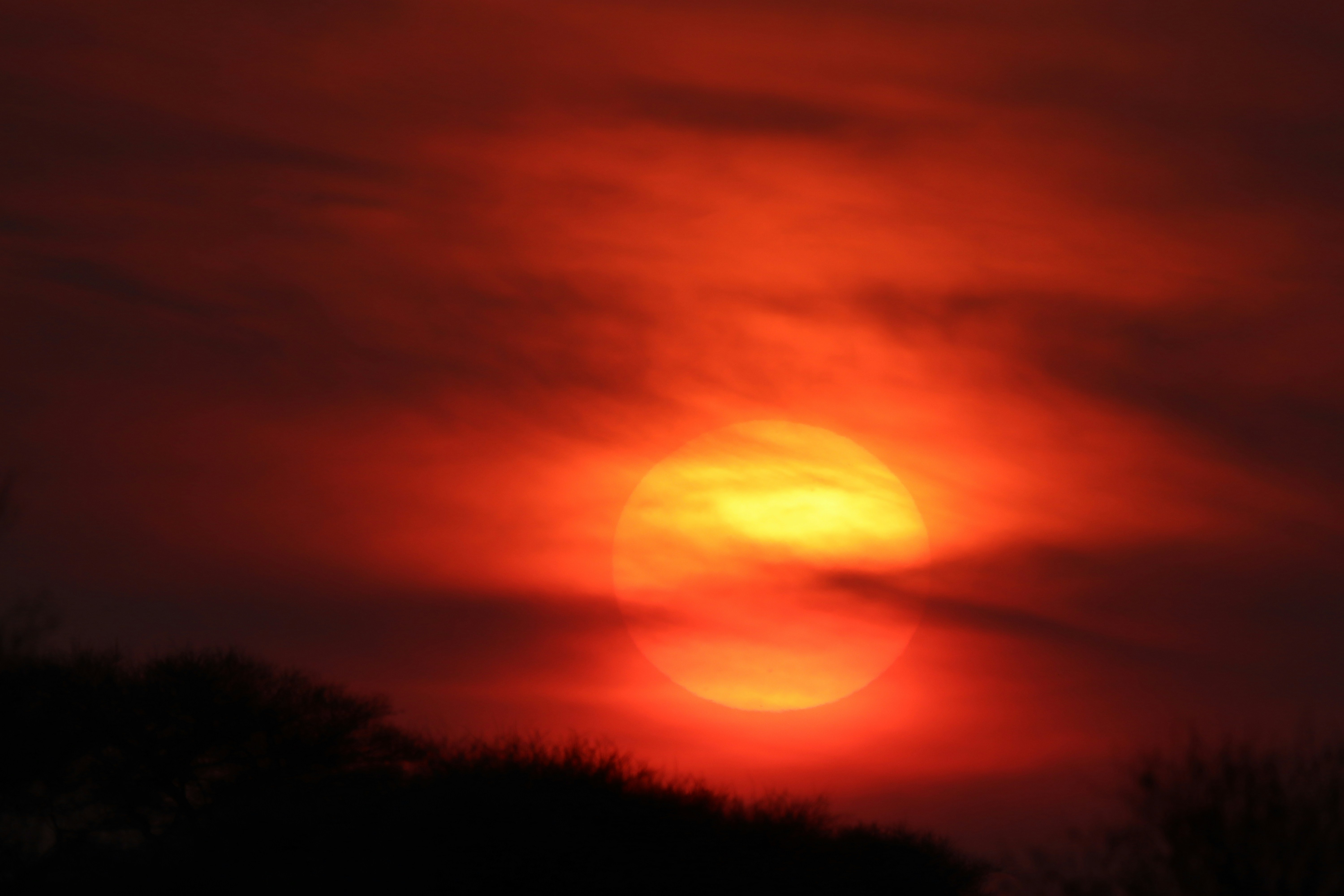 Crimson Sundown Behind a Silhouetted Horizon