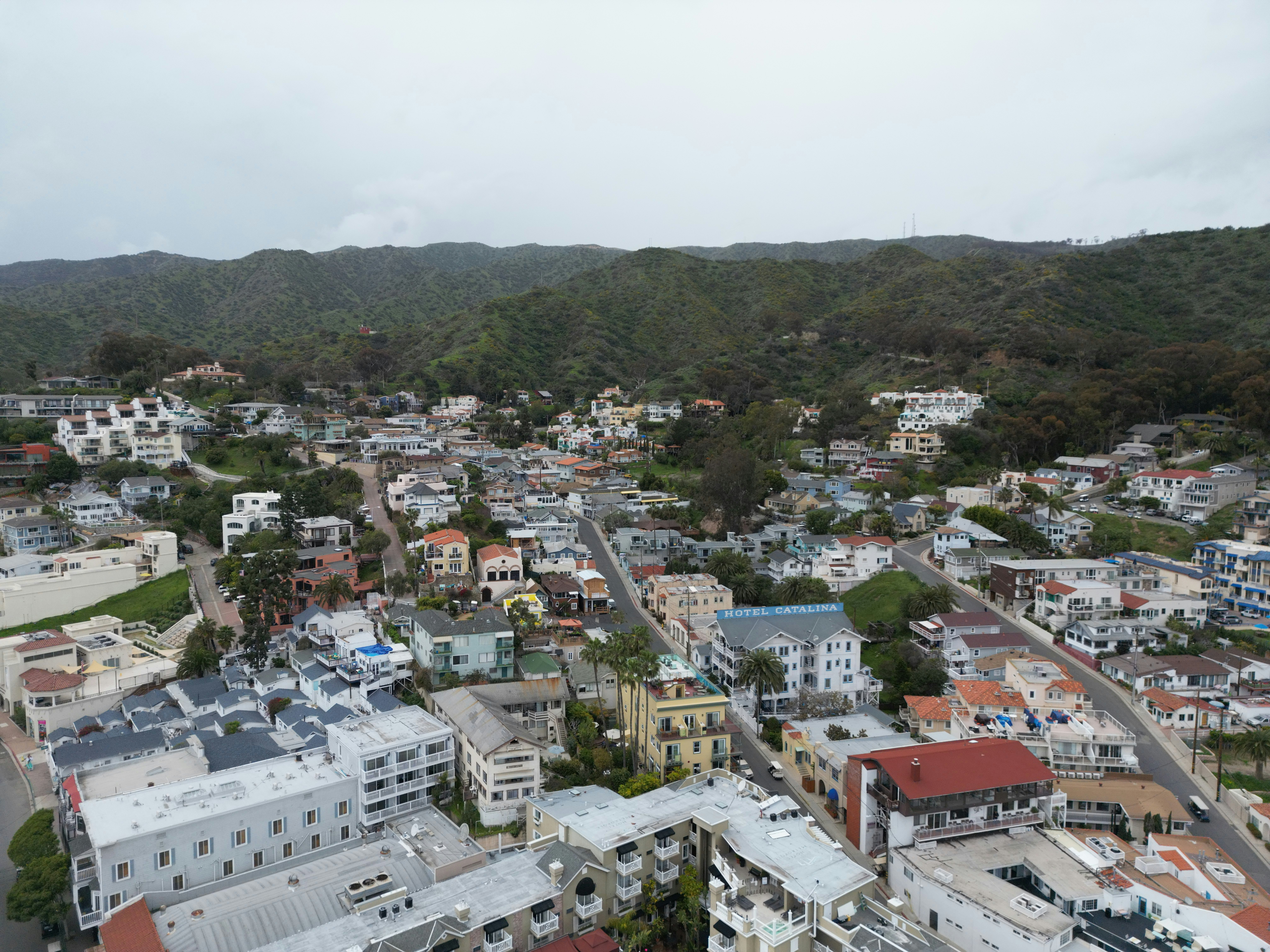Hillside Town Mosaic: Aerial Tapestry of Rooftops and Broad Streets