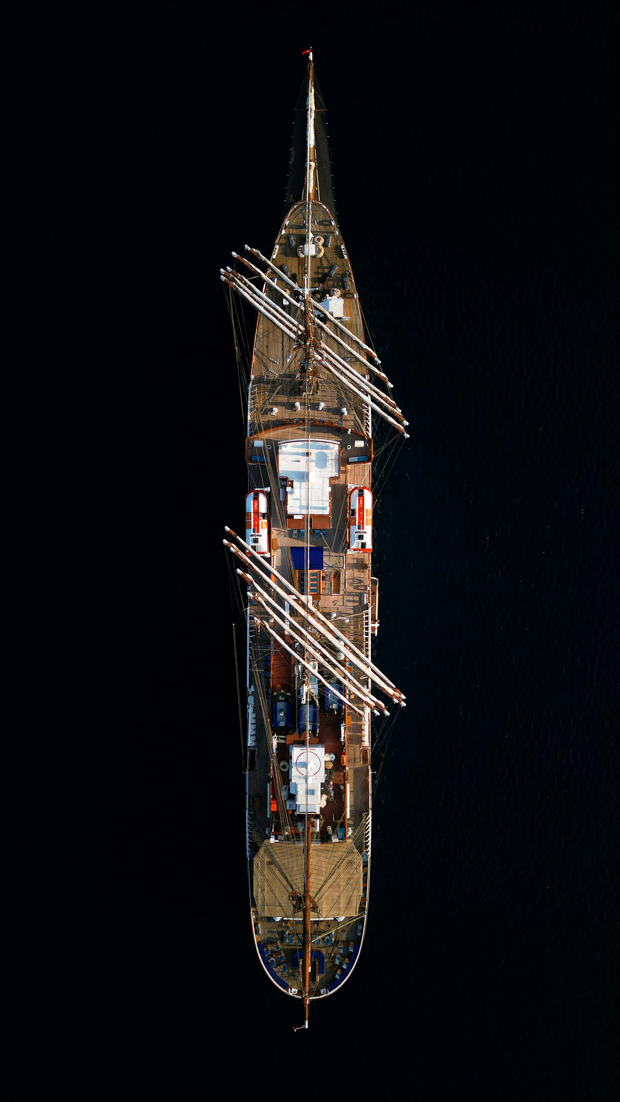 Midnight Rigging: A Drone-View Portrait of a Multi-Masted Tall Ship
