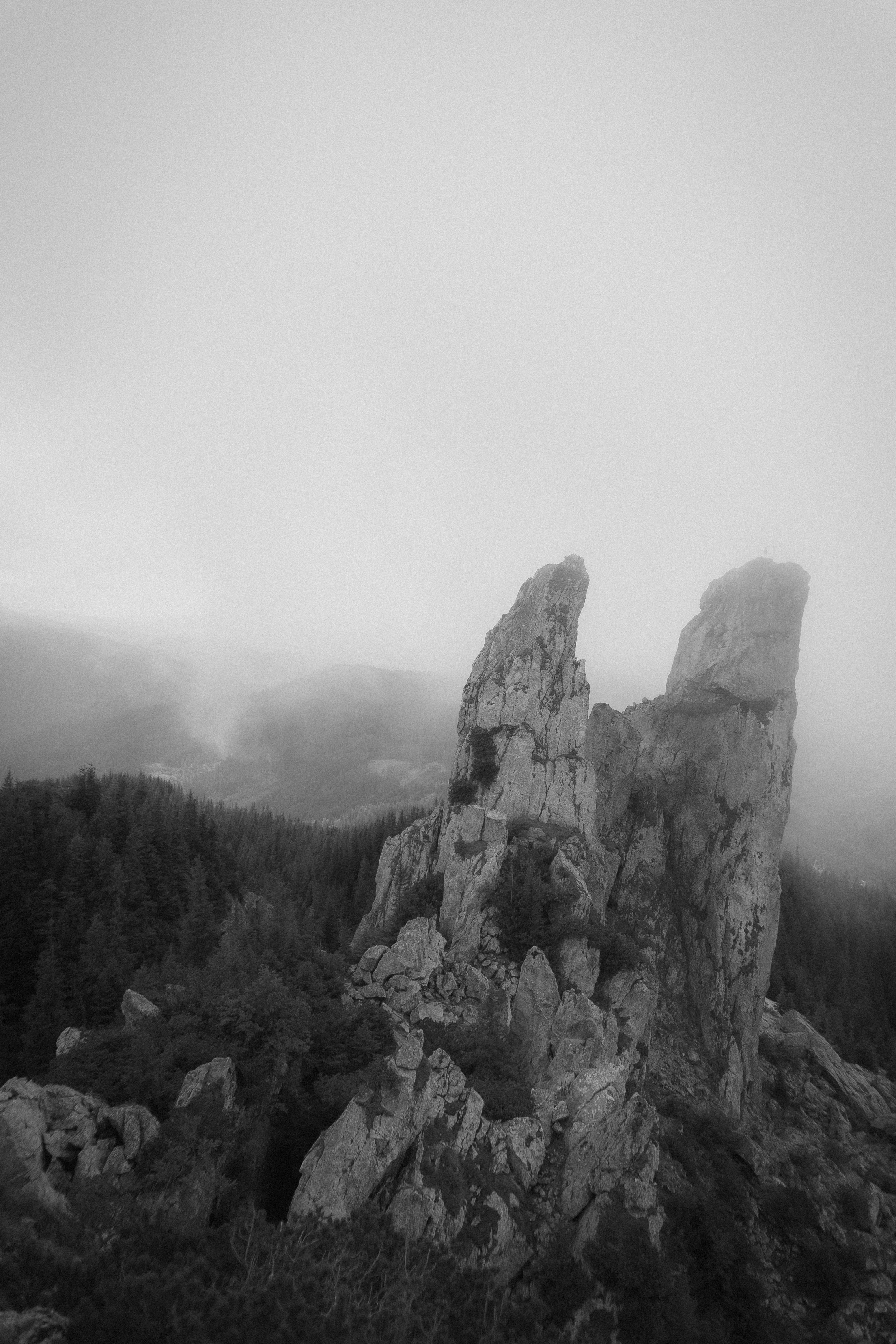 Twin Spires Amid the Alpine Mist