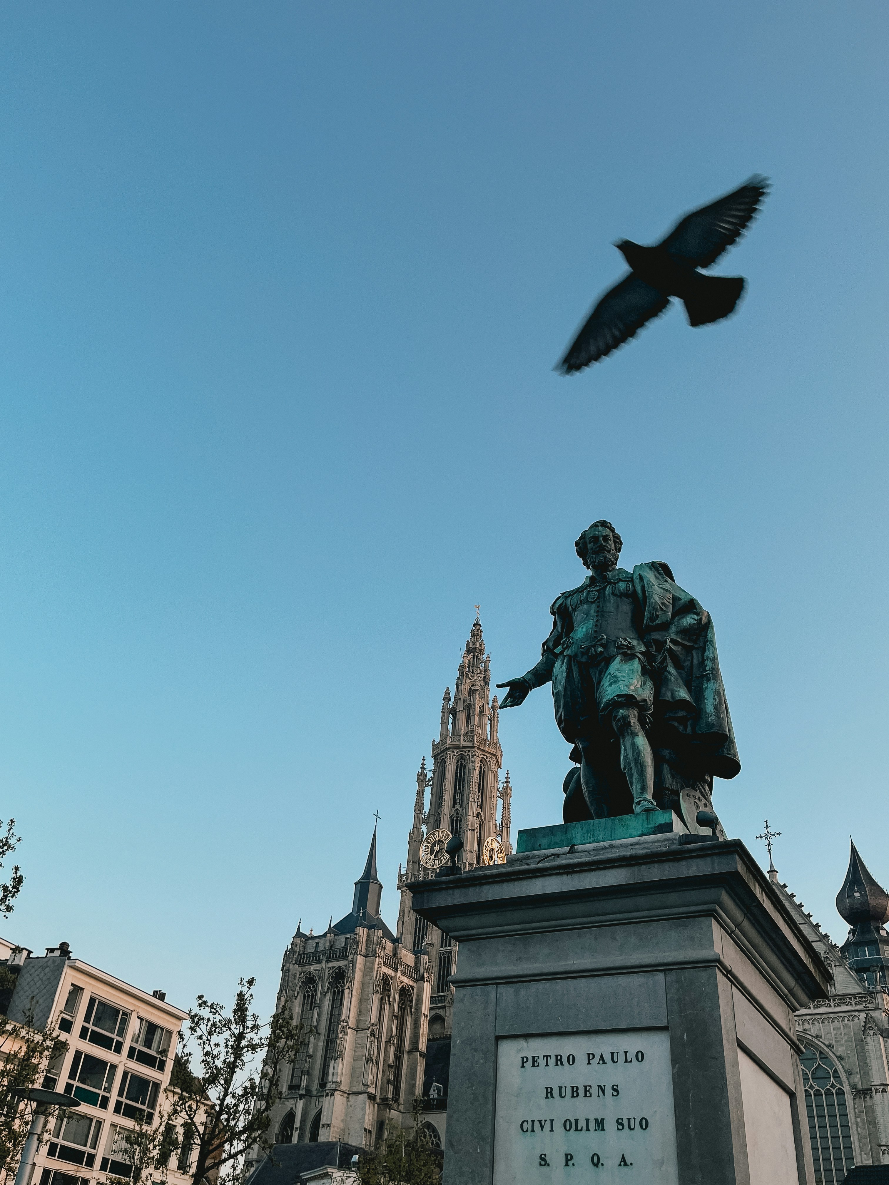 Bronze Sentinel Under a Clear Sky: Statue Framed by Gothic Spires