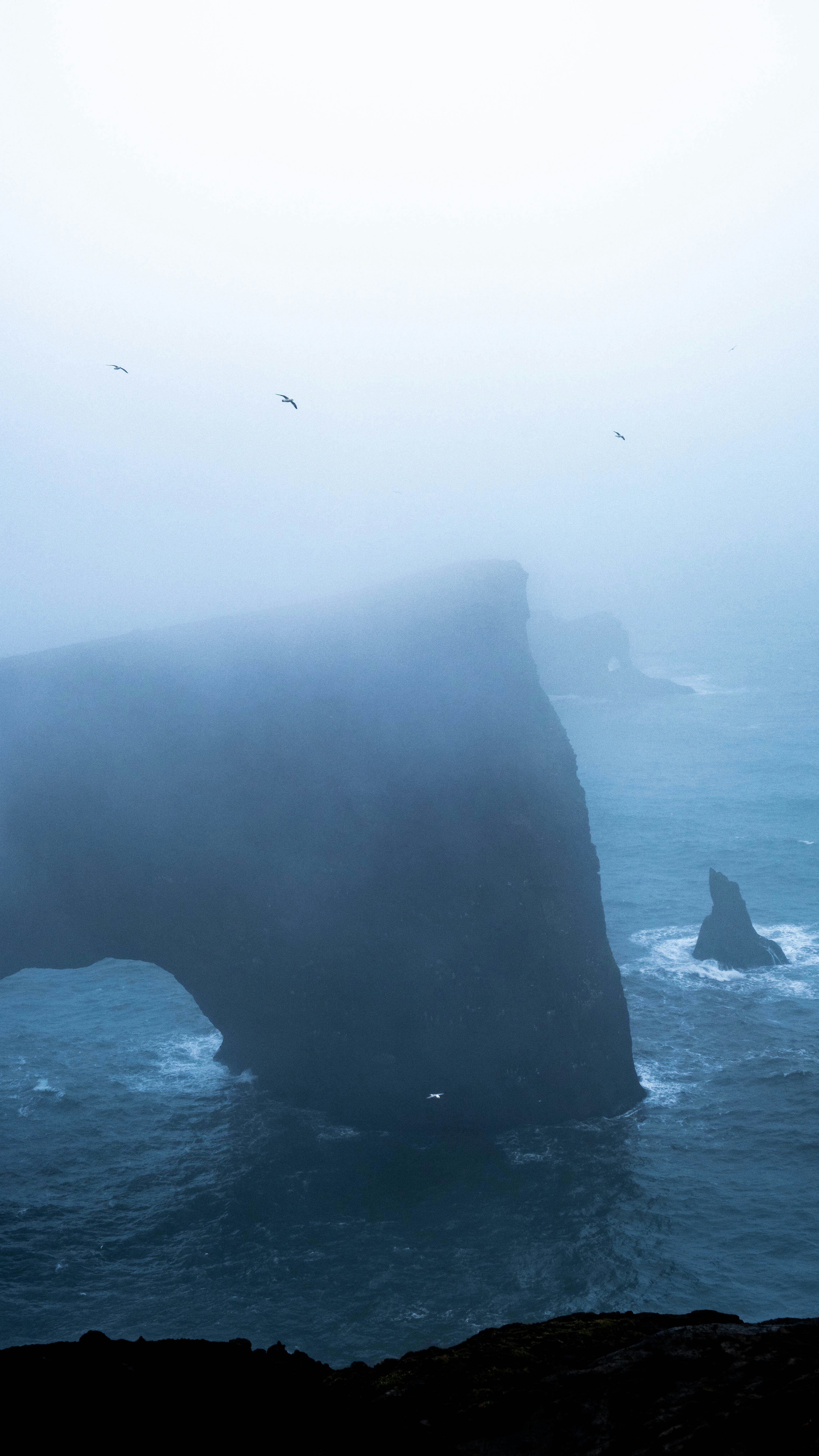 Mist-Drifted Sea Arch: A Lone Coastal Sentinel in Blue Fog