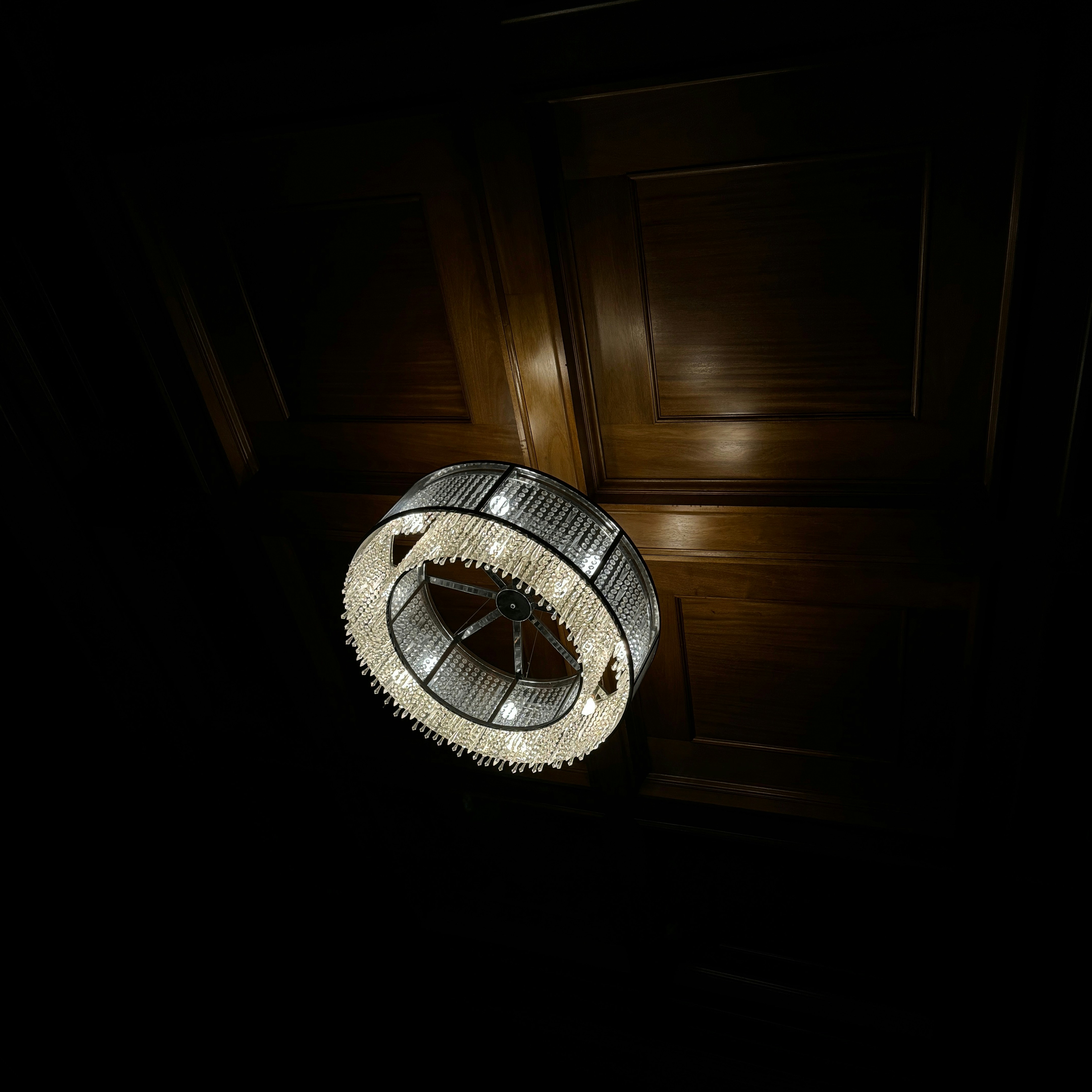 Crystal Ring in Dim Light Over a Wood-Panel Ceiling