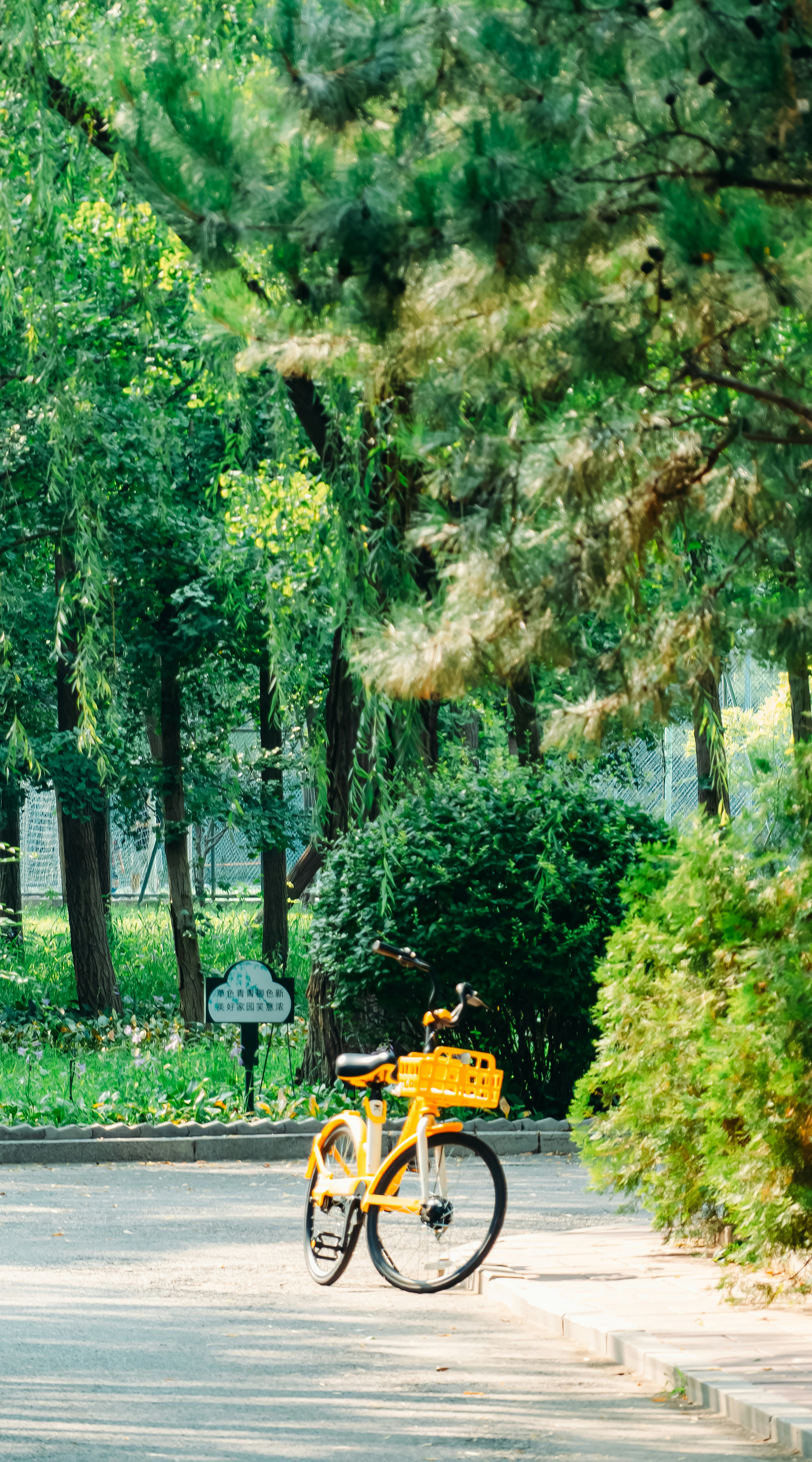 A yellow bike parked on the side of a road