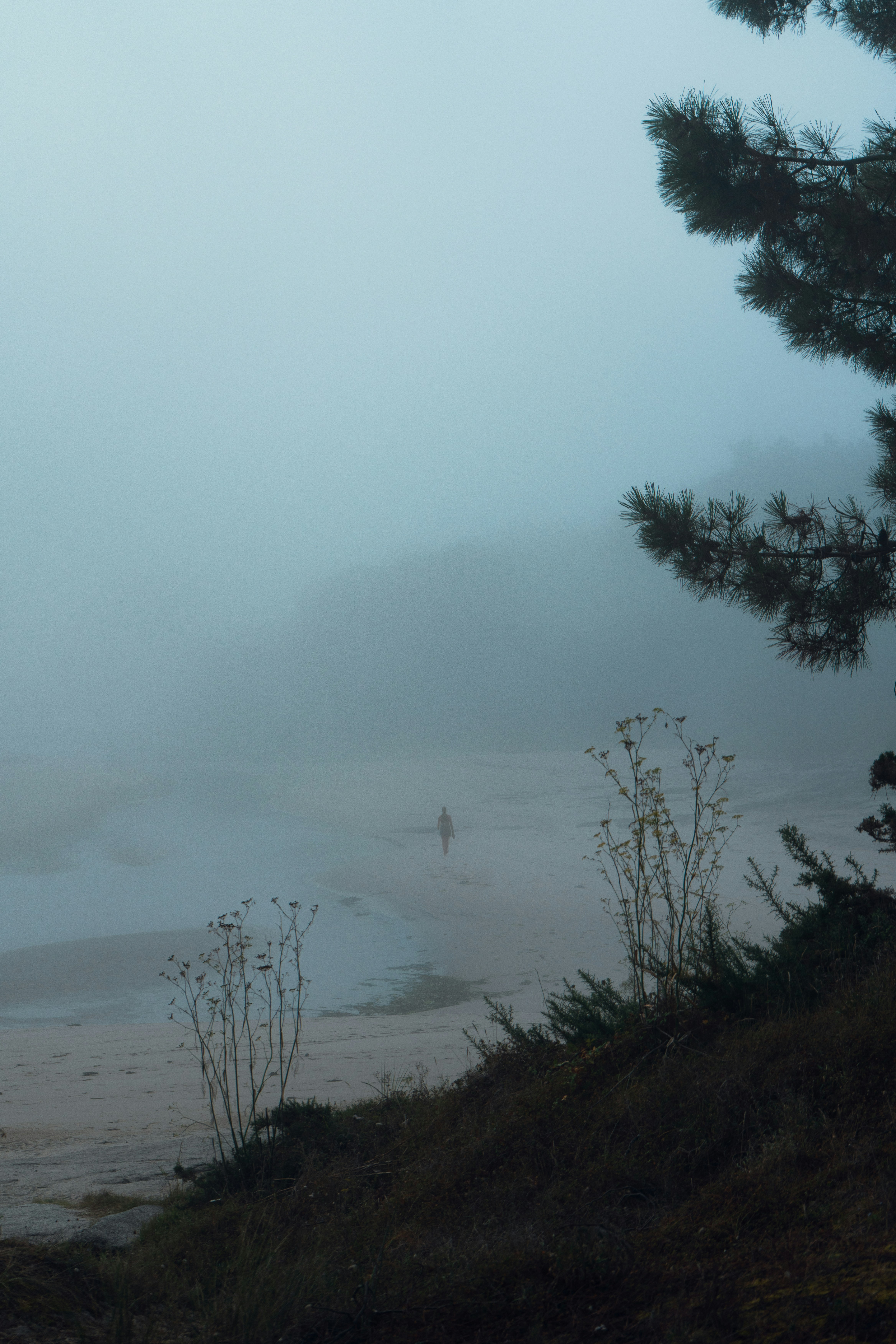 A foggy day at the beach with a person walking in the distance