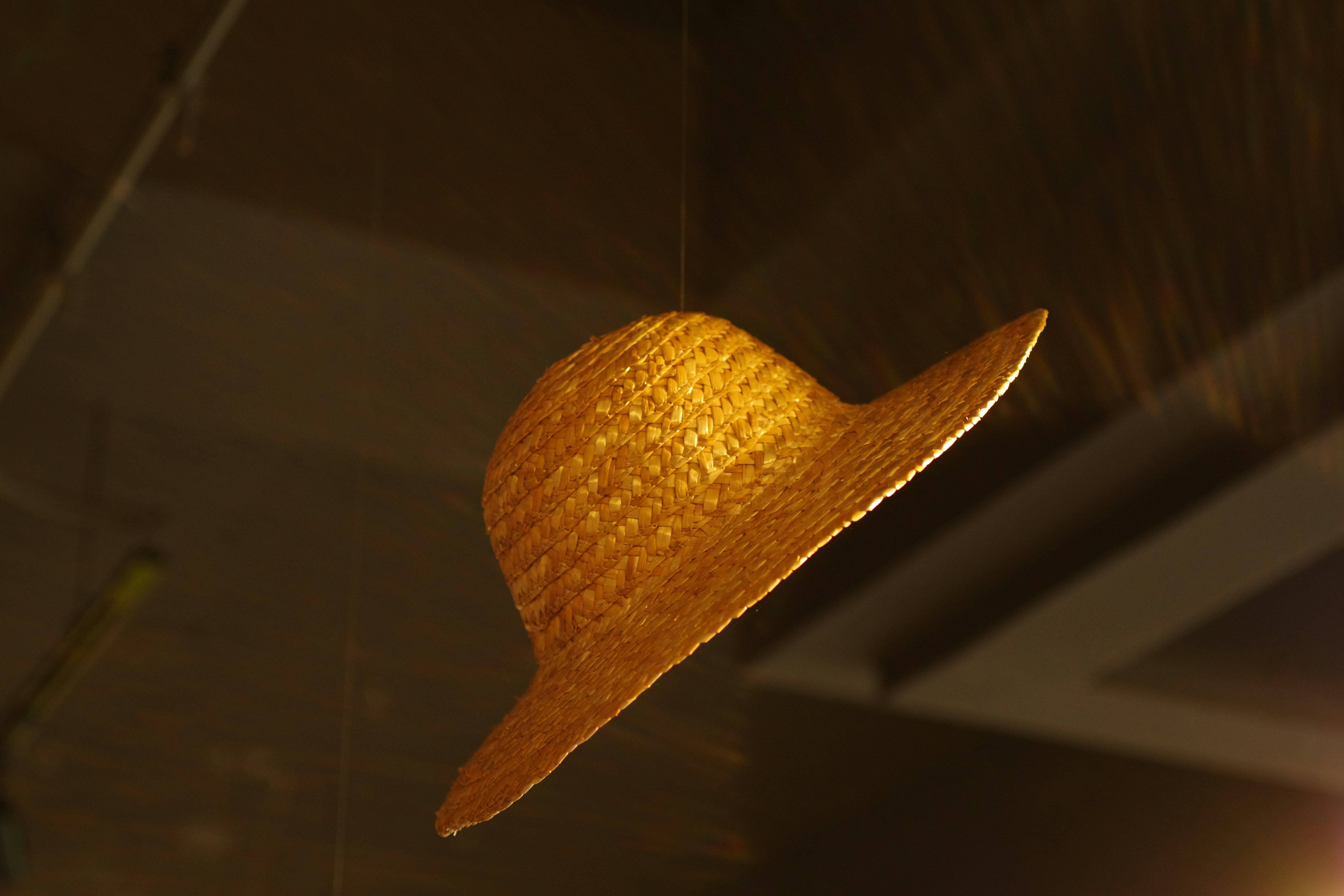 Suspended in Warmth: A Straw Hat Hovering in a Dim Attic