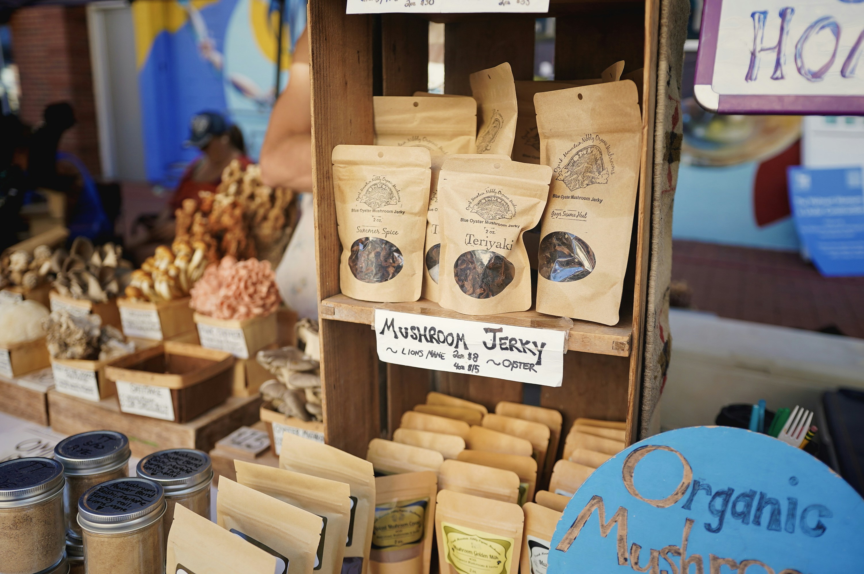 Mushroom Jerky Stall: Rustic Bags and Organic Delights