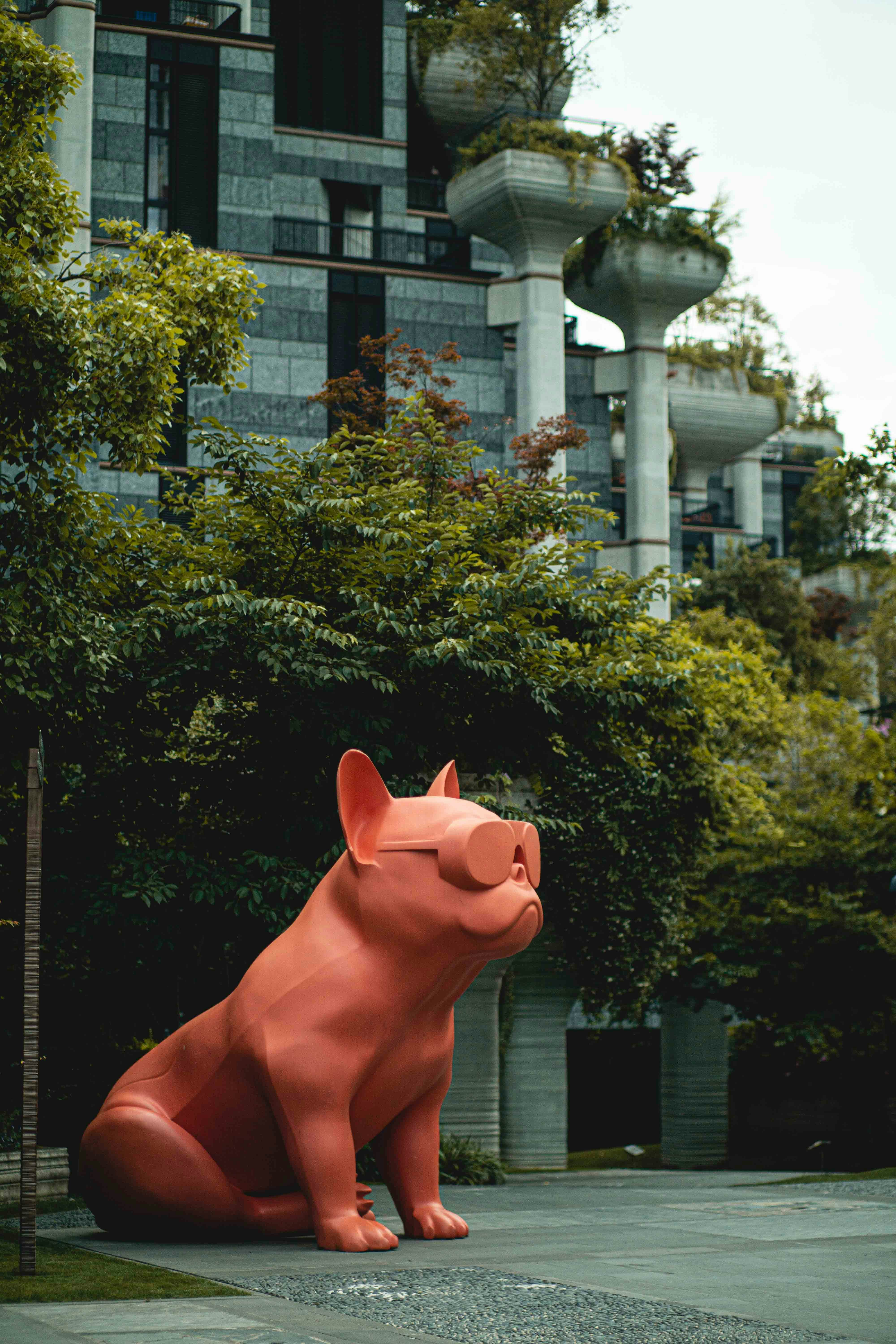 Scarlet Pig Sculpture Guarding a Quiet Urban Courtyard