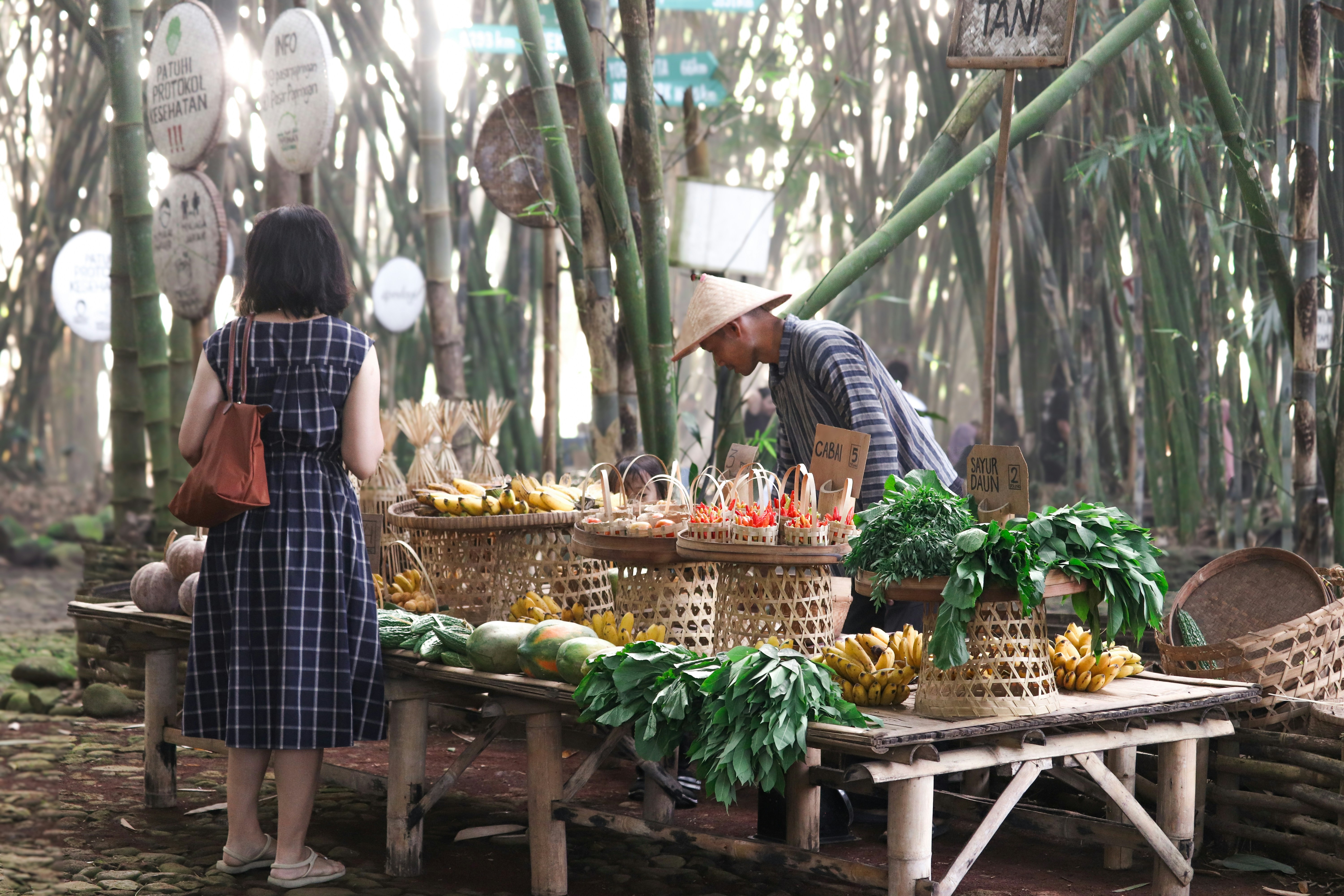 Woodland Market Portrait: A Quiet Exchange Amid Green Baskets
